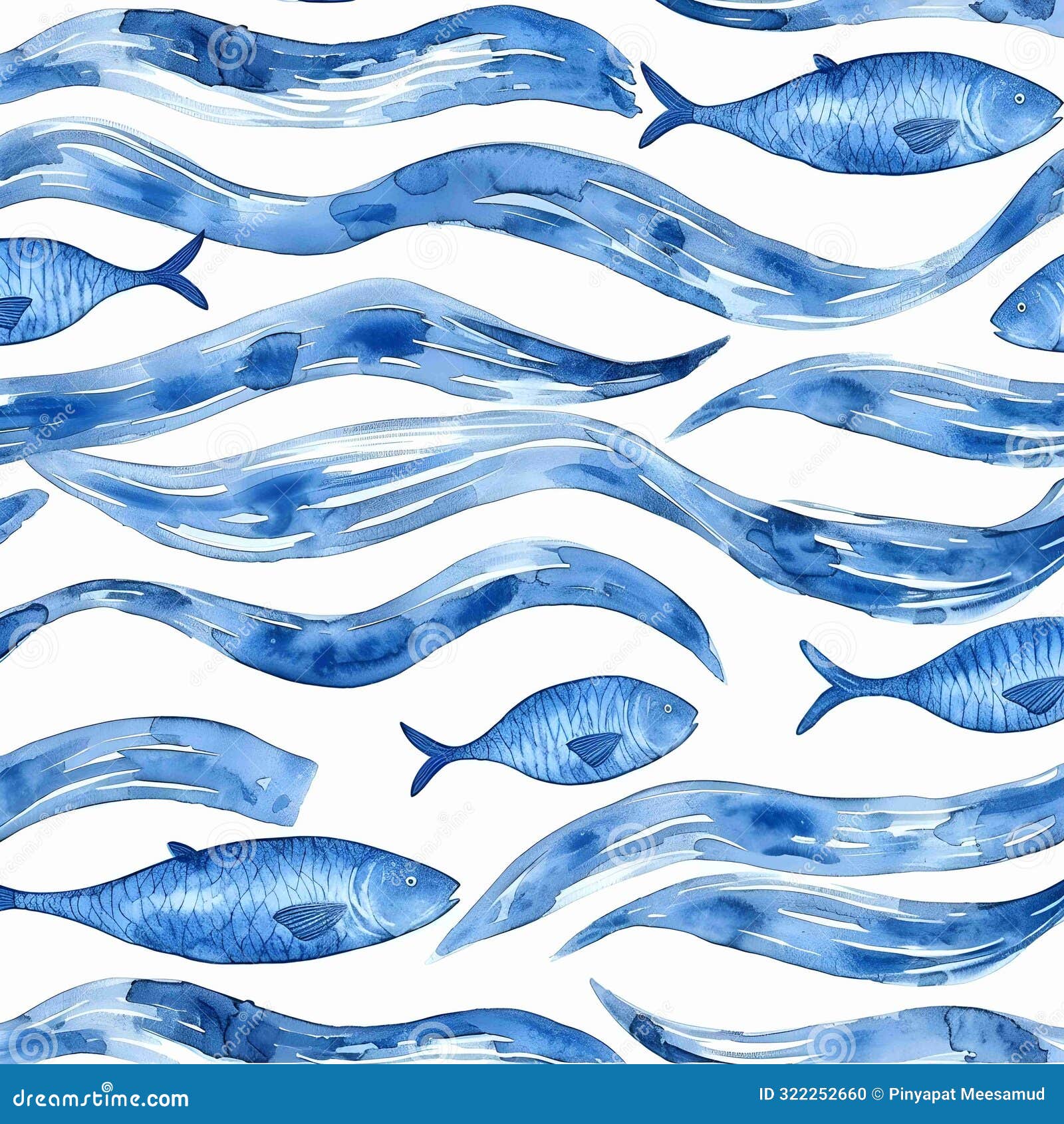 Watercolor Seamless Pattern with Blue Wave and Fish. Stock Illustration ...
