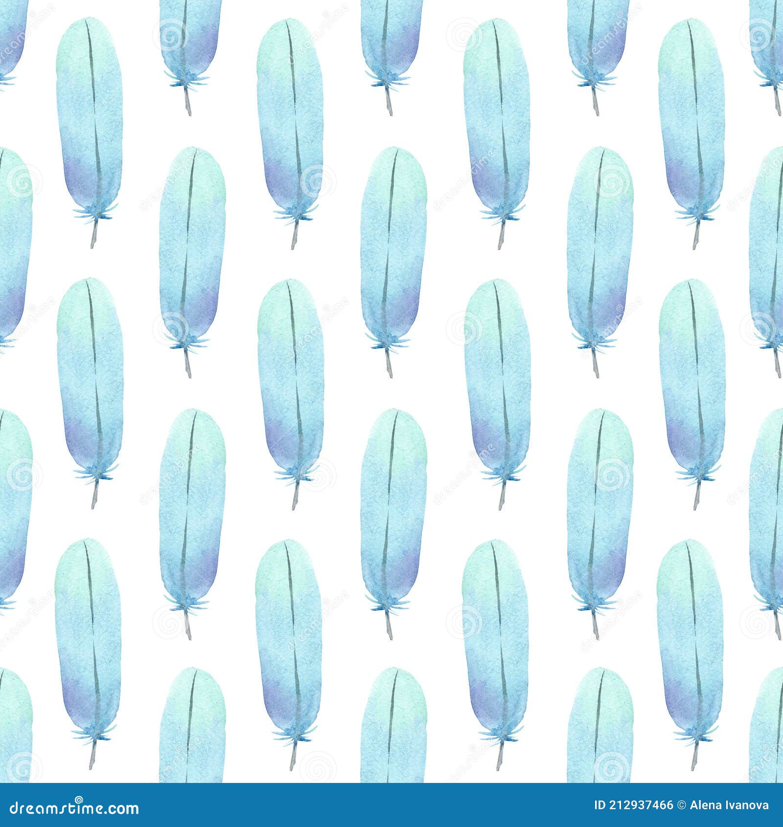 Watercolor Seamless Pattern with Boho Blue Feathers on White Background ...