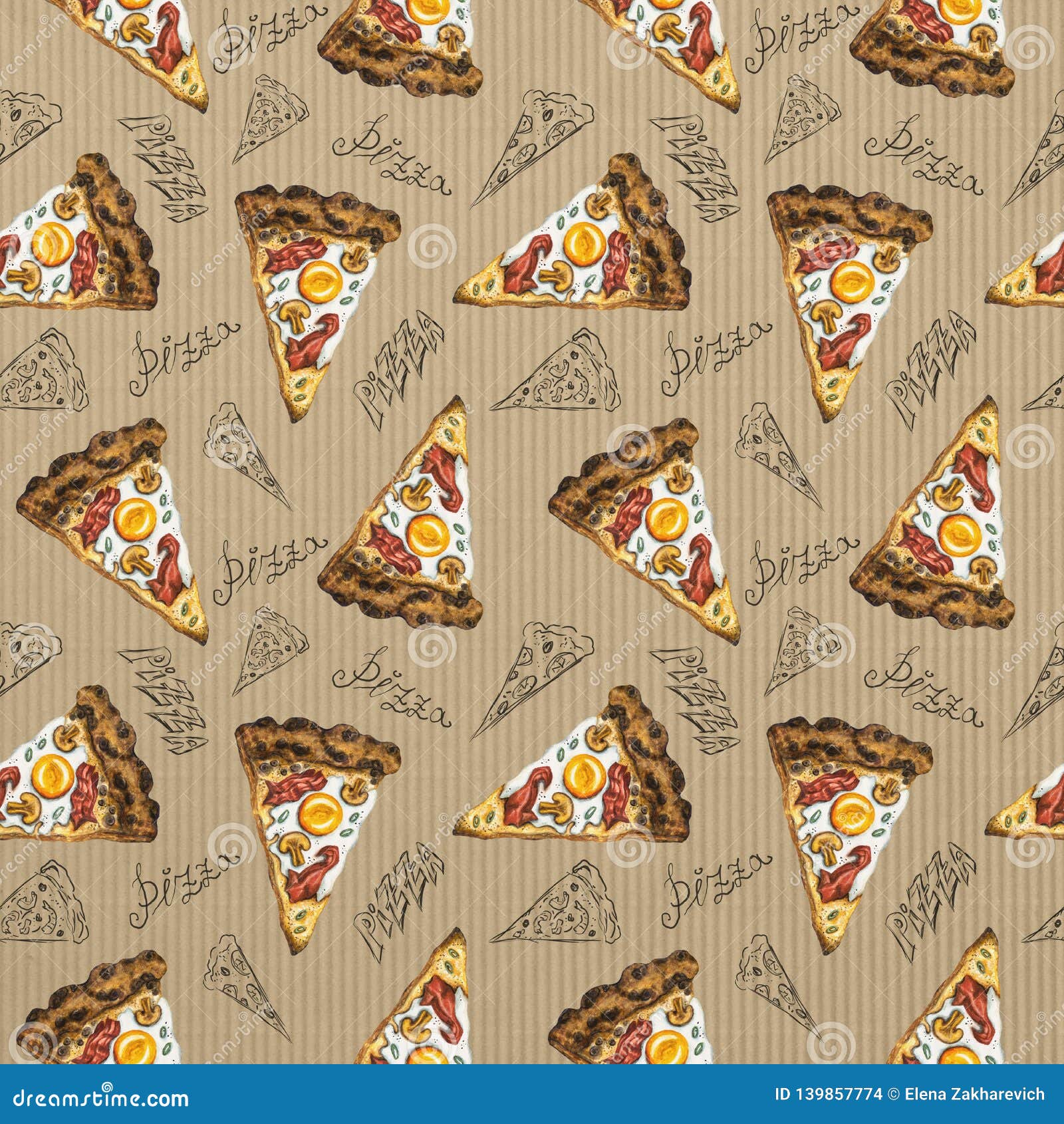 Seamless Pattern Watercolor Carbonara Pizza on Cardboard Stock ...