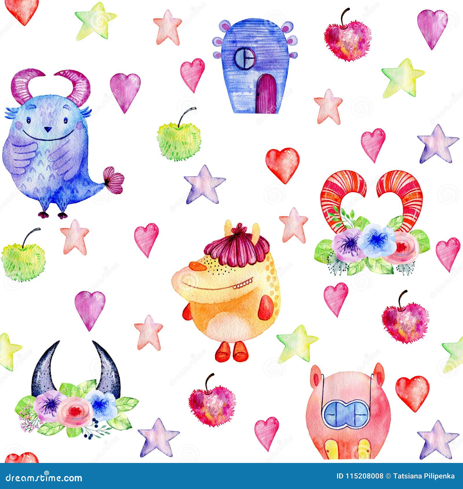 Cute watercolor Monsters stock illustration. Illustration of devil ...