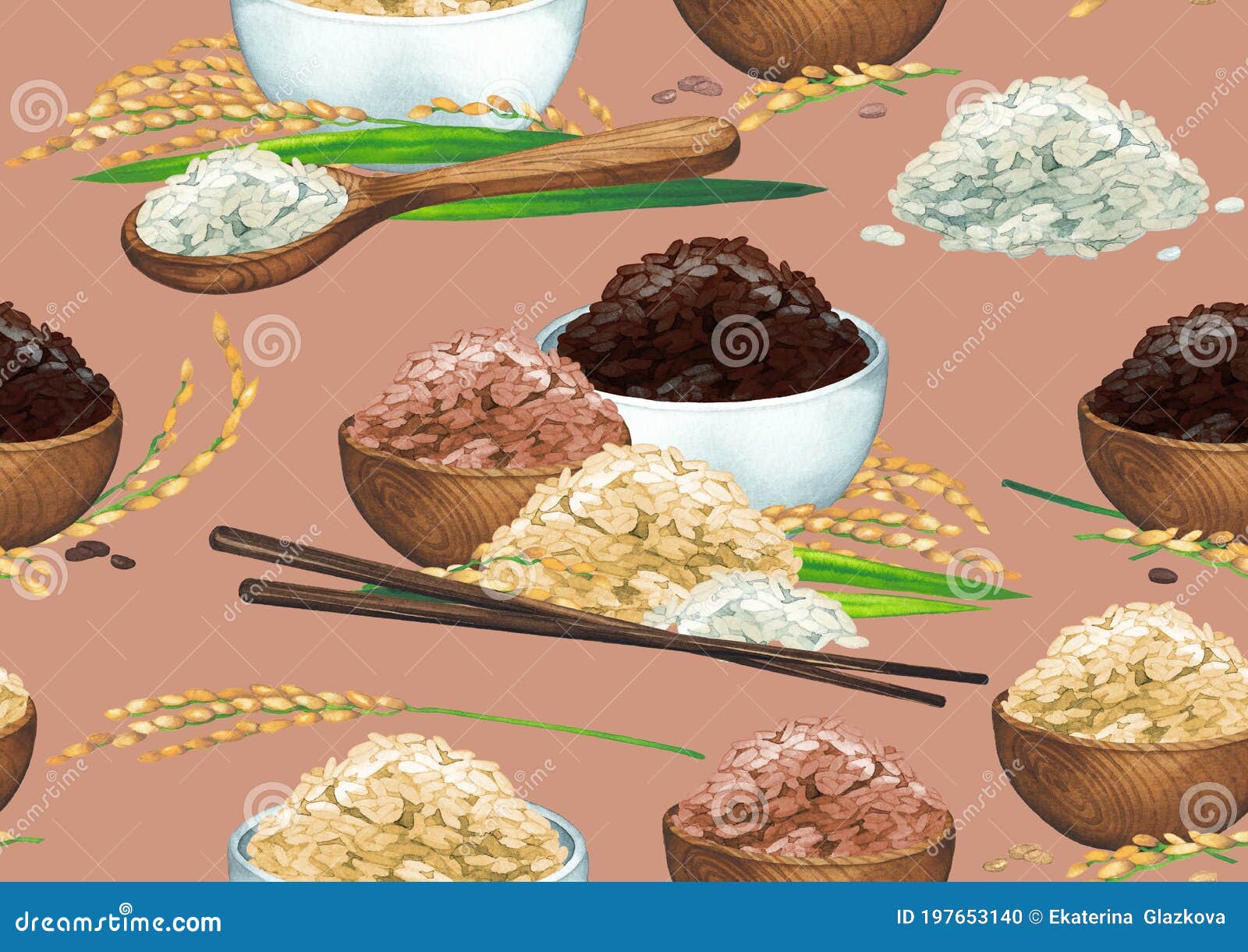 Watercolor Seamless Pattern of Compositions with Three Types of Rice ...