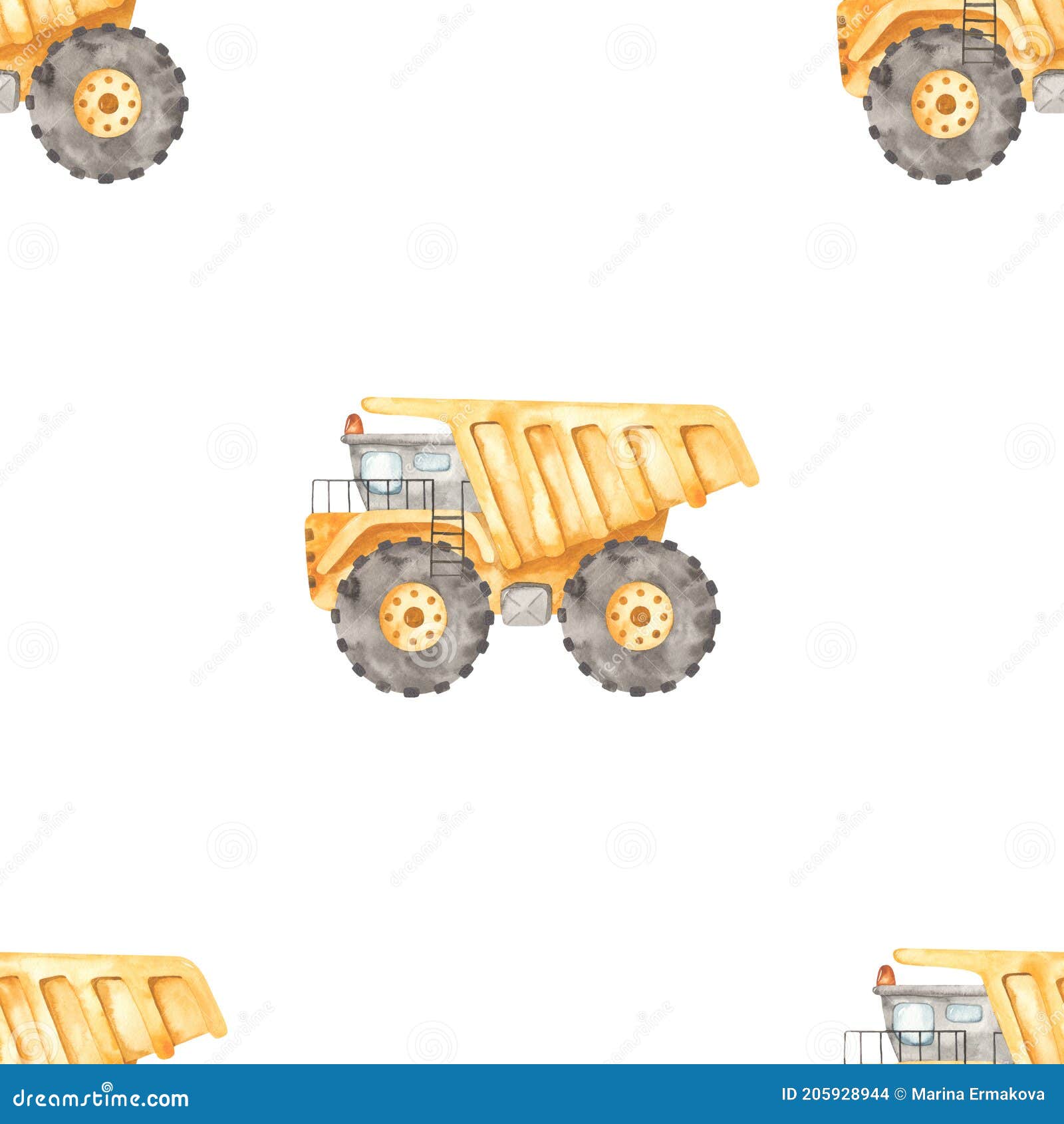 Watercolor Seamless Pattern with Construction Vehicles Dump Trucks on a ...