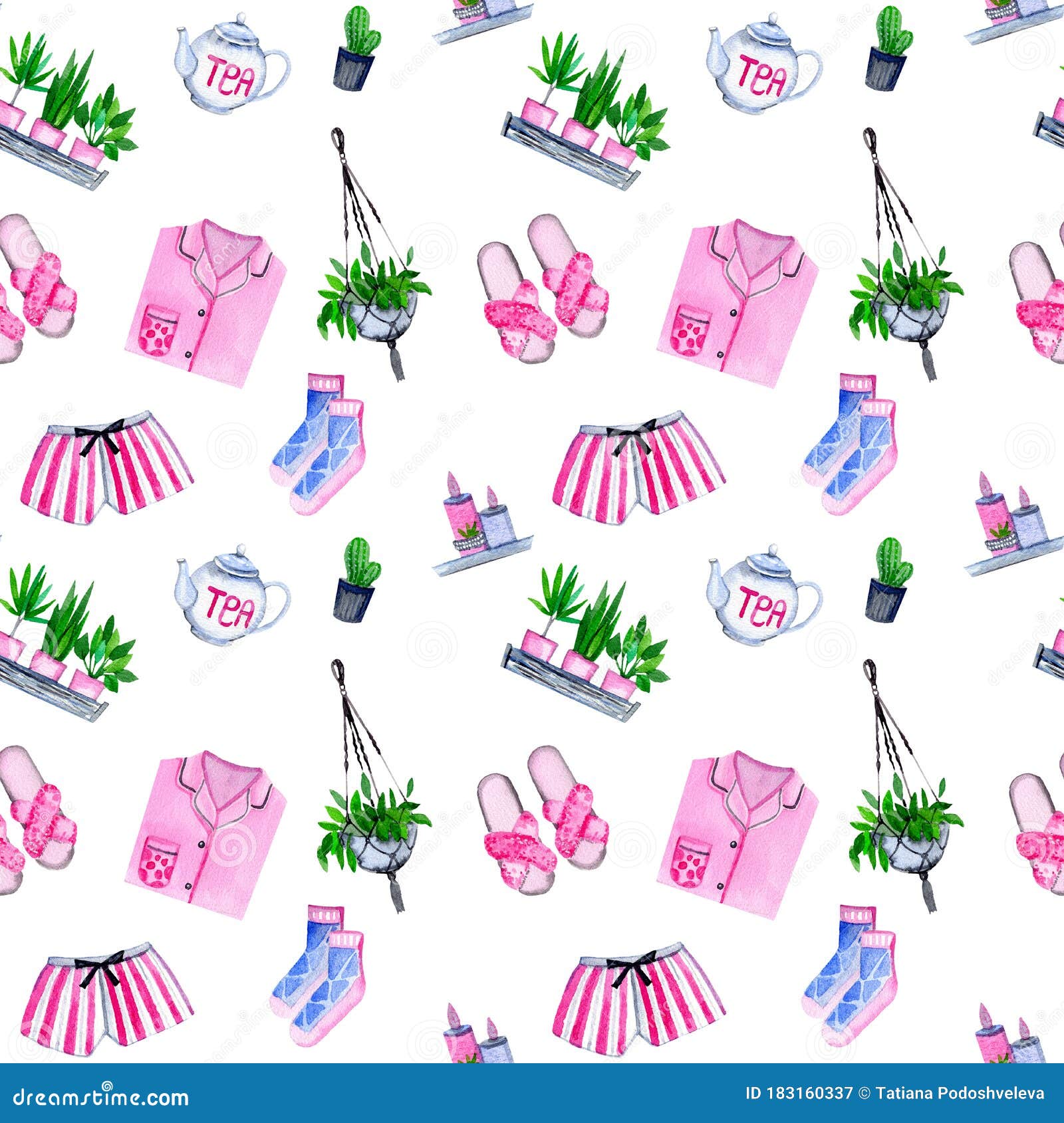 Watercolor Seamless Pattern with Cozy Home Elements Stock Illustration ...