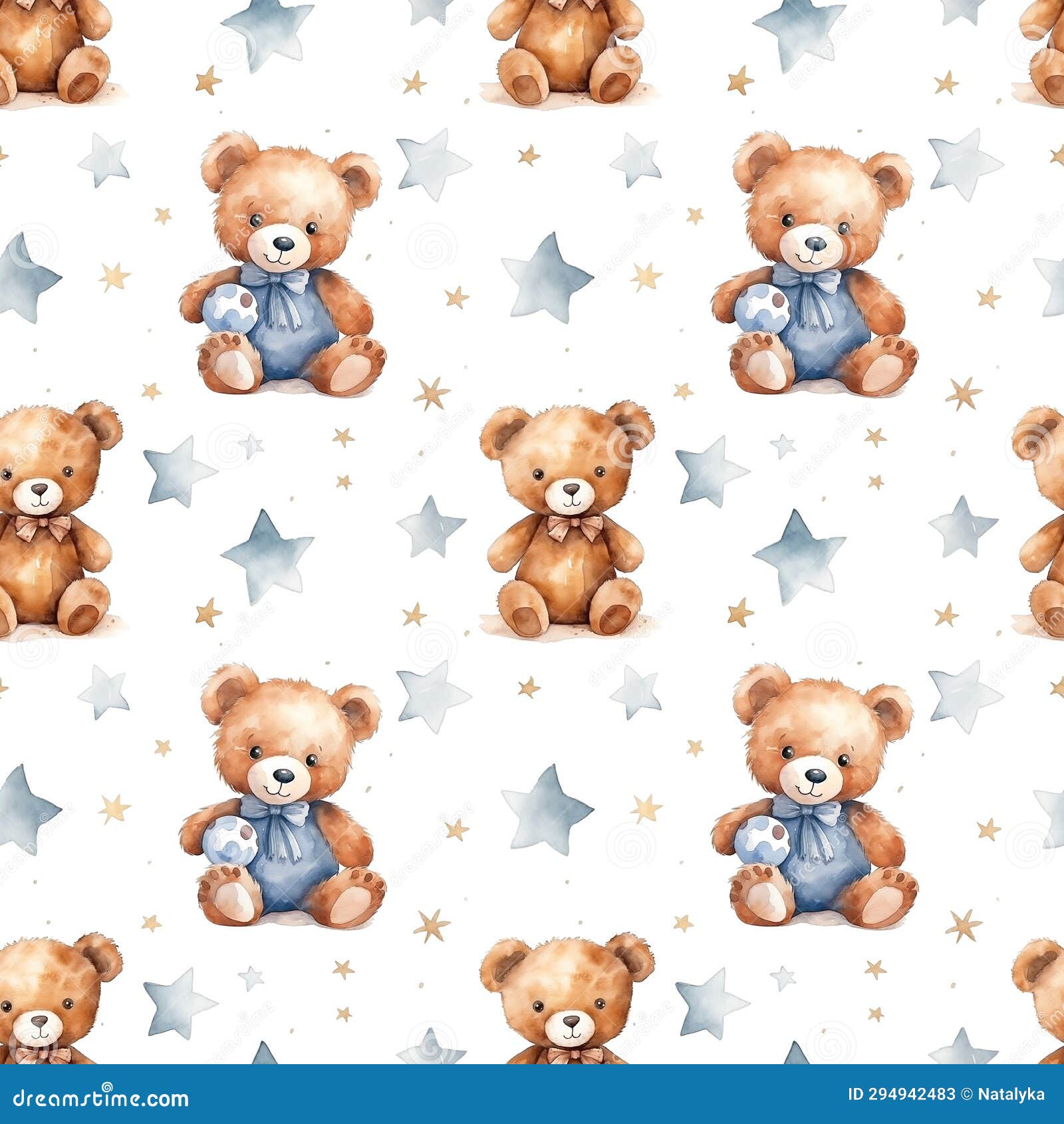 Watercolor Seamless Pattern with Cute Bear Isolated on White Background ...