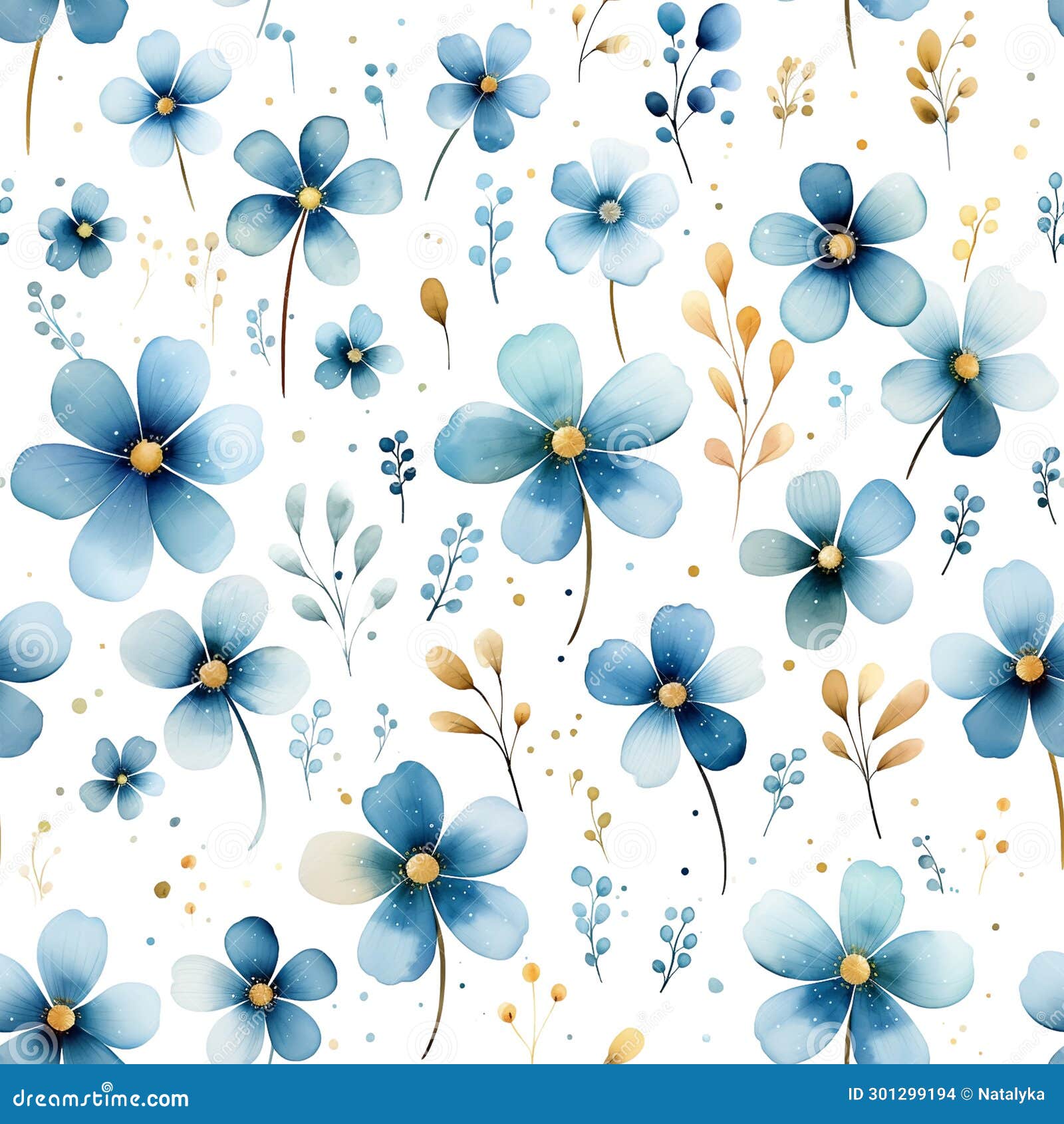 Watercolor Seamless Pattern with Cute Blue Flowers Isolated on White ...