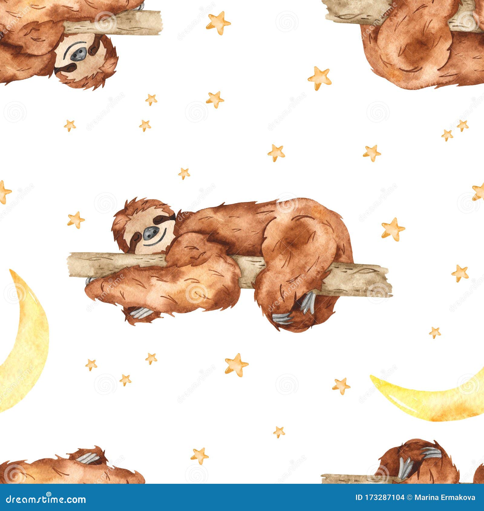 Watercolor Seamless Pattern with Cute Sloths Sleeping on a Tree and the ...