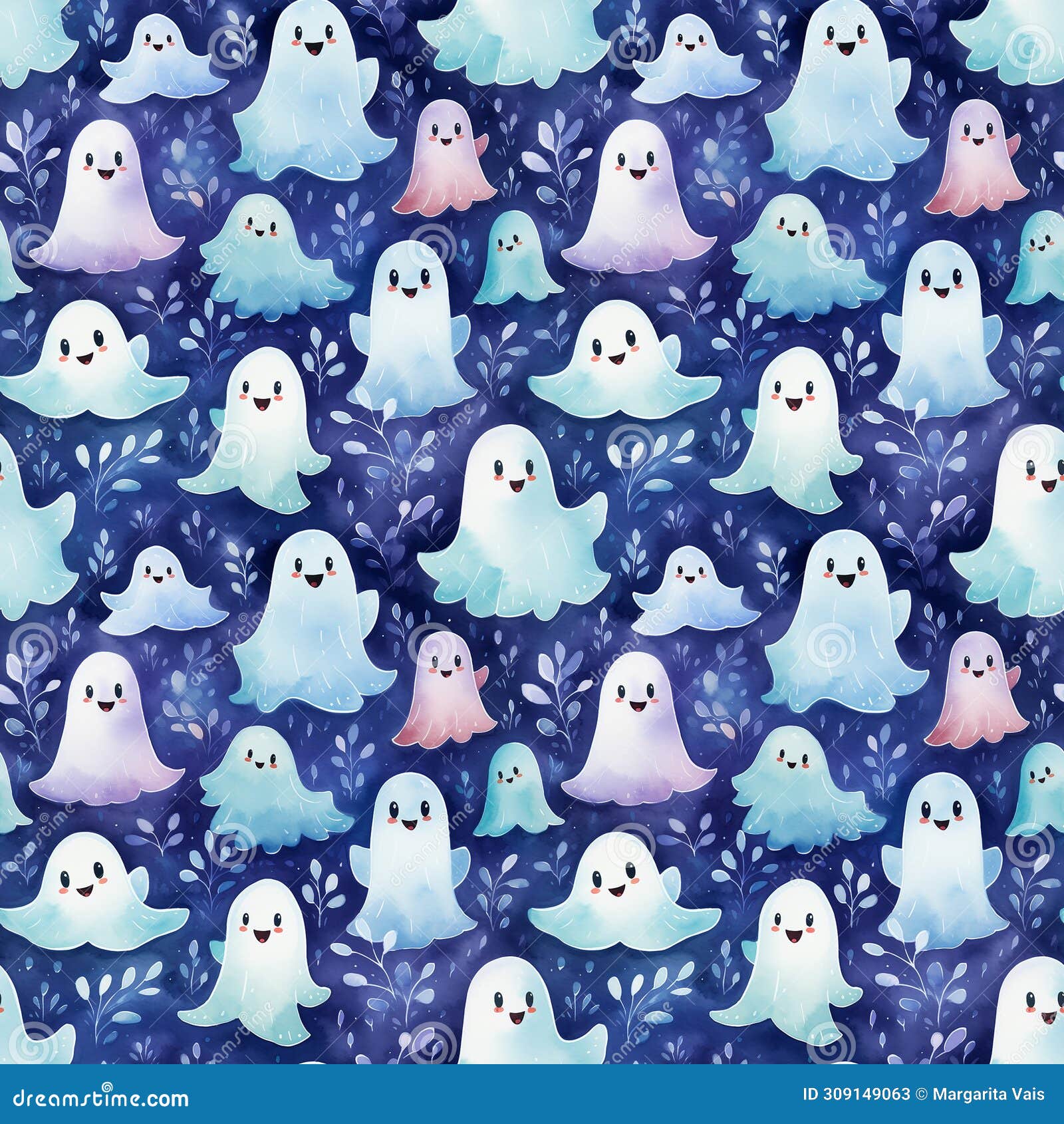 Watercolor Seamless Pattern with Cute Smiling Ghosts among Plants on ...