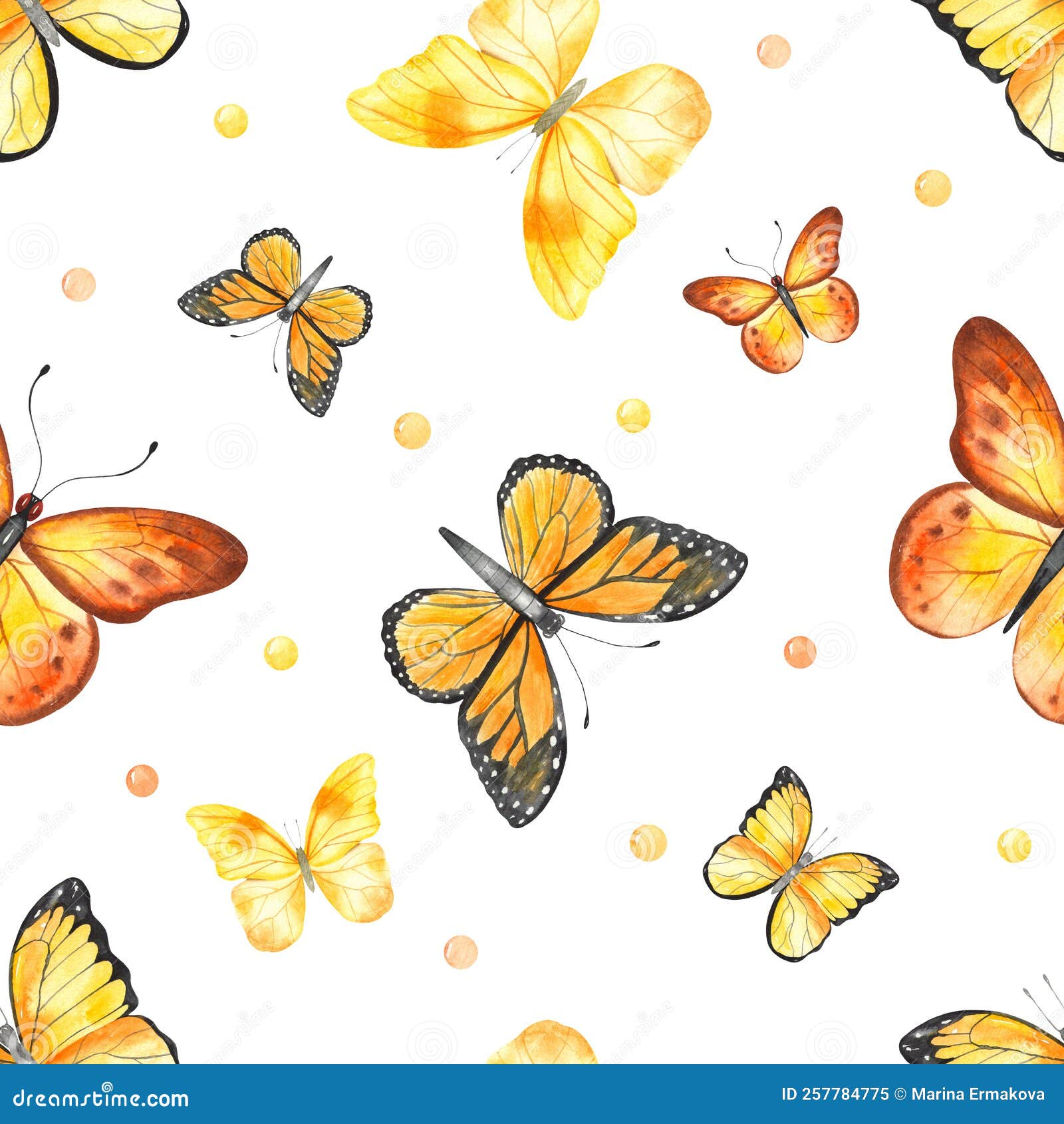 Watercolor Seamless Pattern with Cute Yellow Butterflies for Textures ...