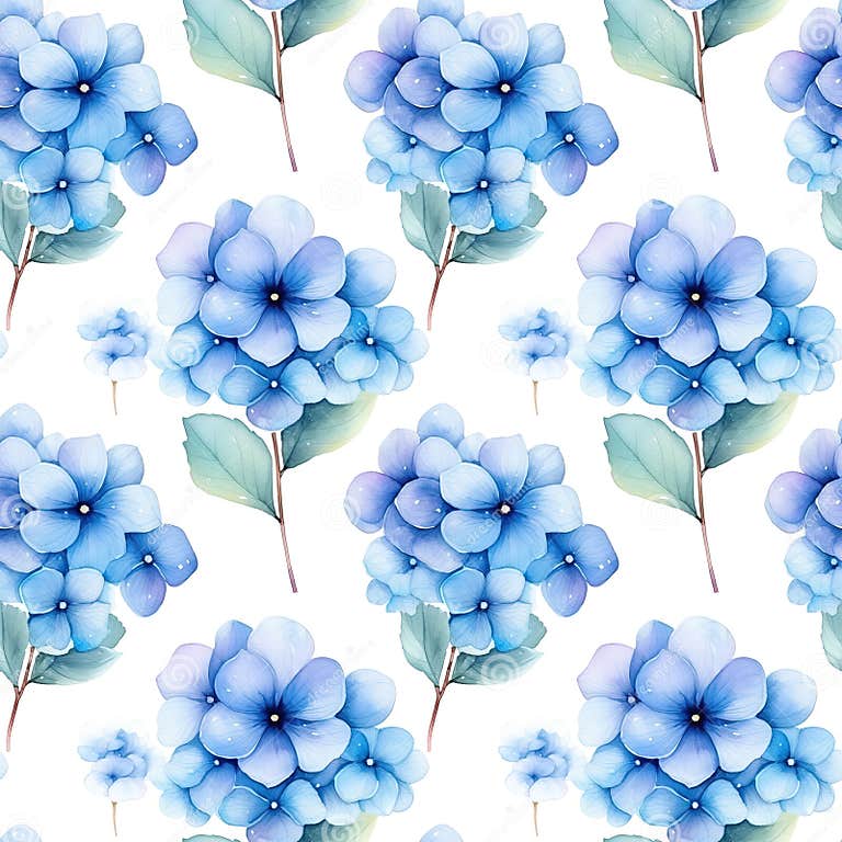 Watercolor Seamless Pattern of Delicate Blue Hydrangea Flowers on a ...