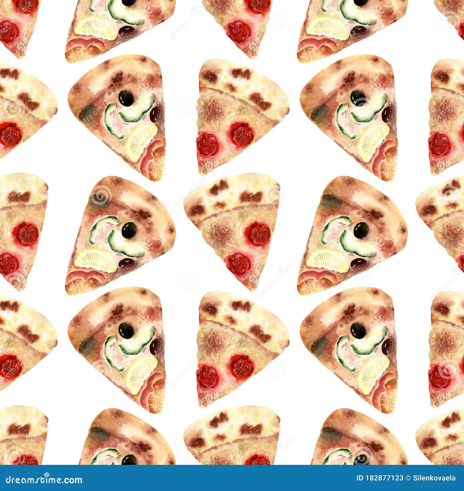 Watercolor Seamless Pattern with Different Types of Fresh Pizza Stock ...