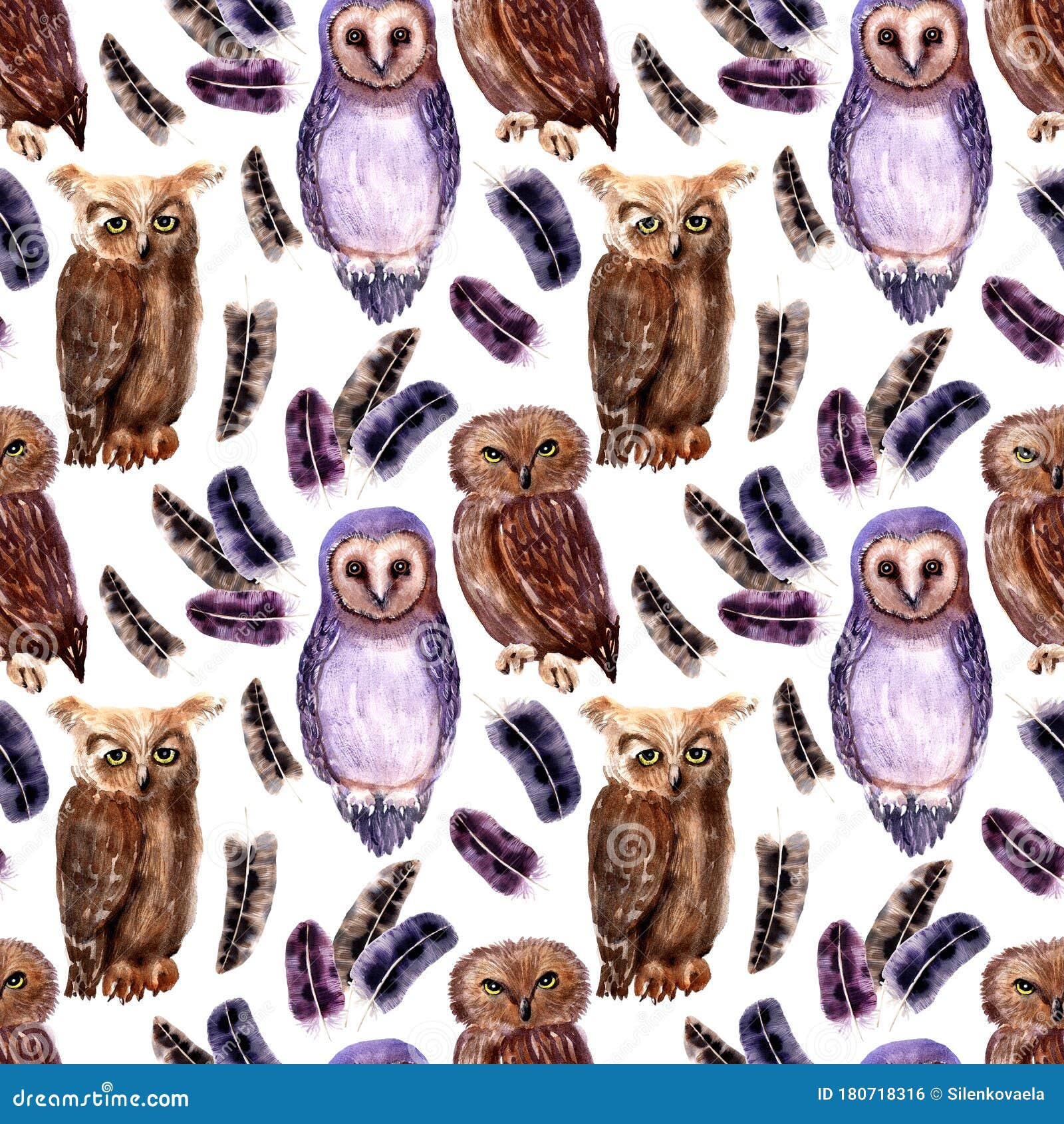 Watercolor Seamless Pattern with Different Types of Owls Stock ...