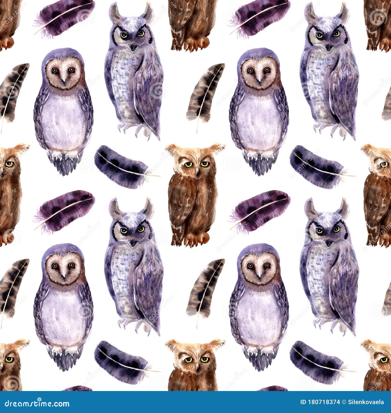 Watercolor Seamless Pattern with Different Types of Owls Stock ...