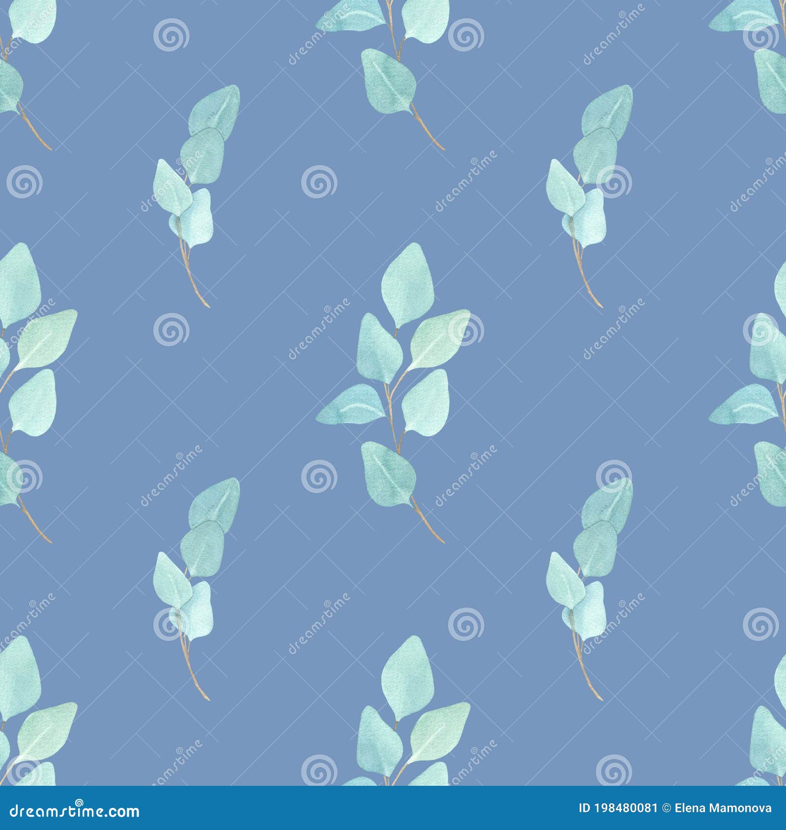 Watercolor Seamless Pattern with Eucalyptus Branches on a Blue ...