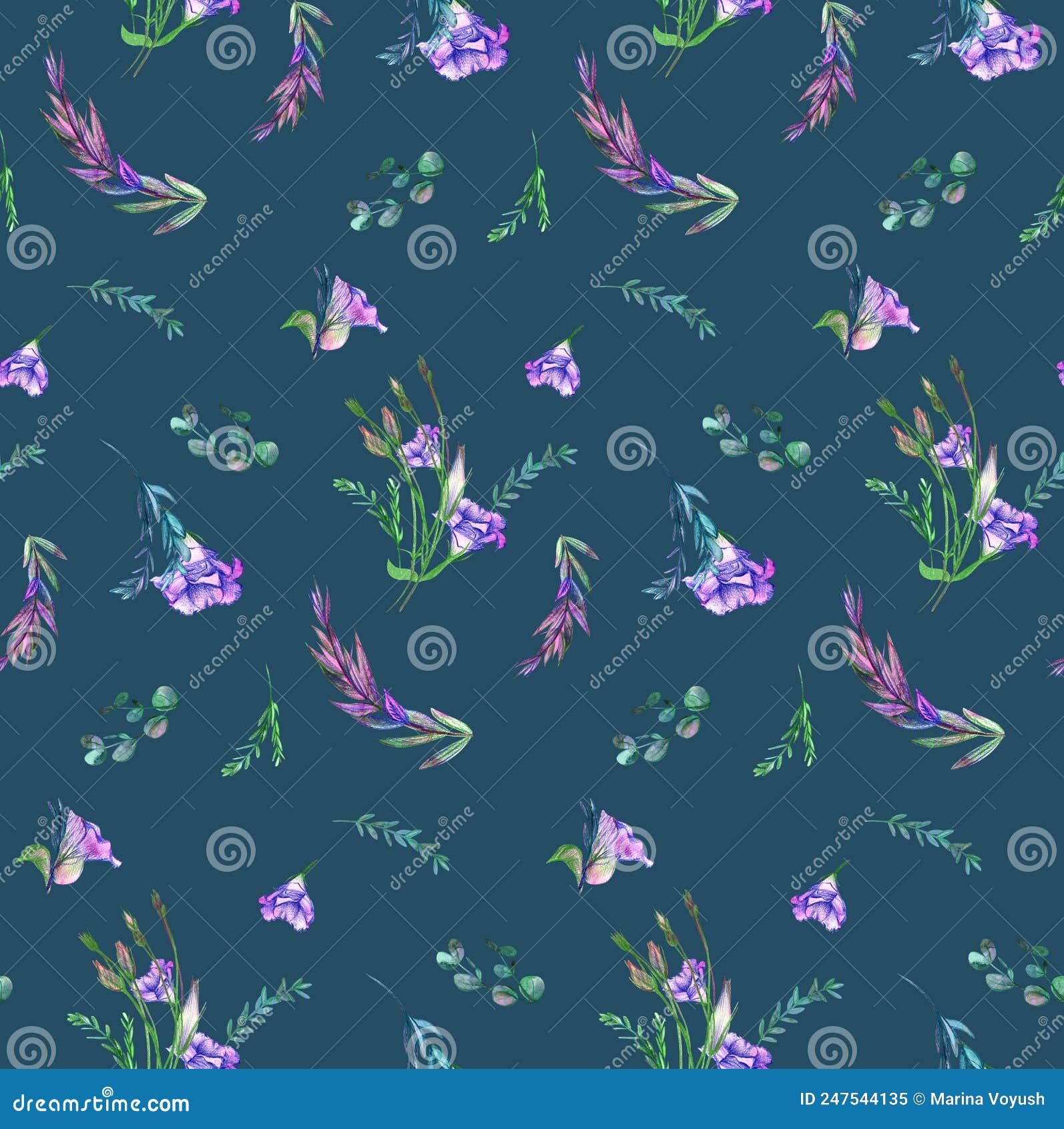 Watercolor Seamless Pattern with Eustoma Flowers Painted with on a Dark ...