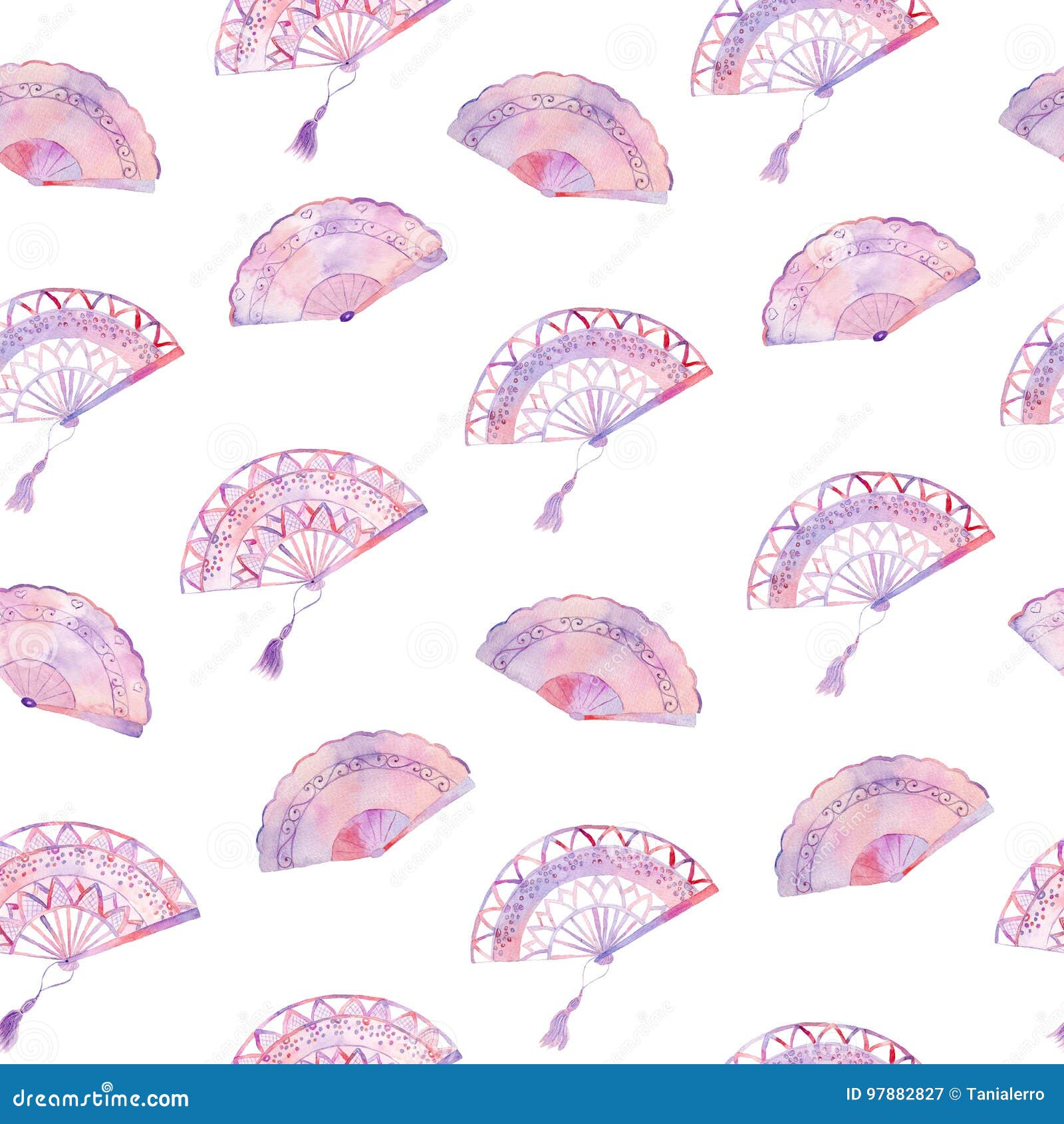 Watercolor Seamless Pattern with Fan Stock Illustration - Illustration ...