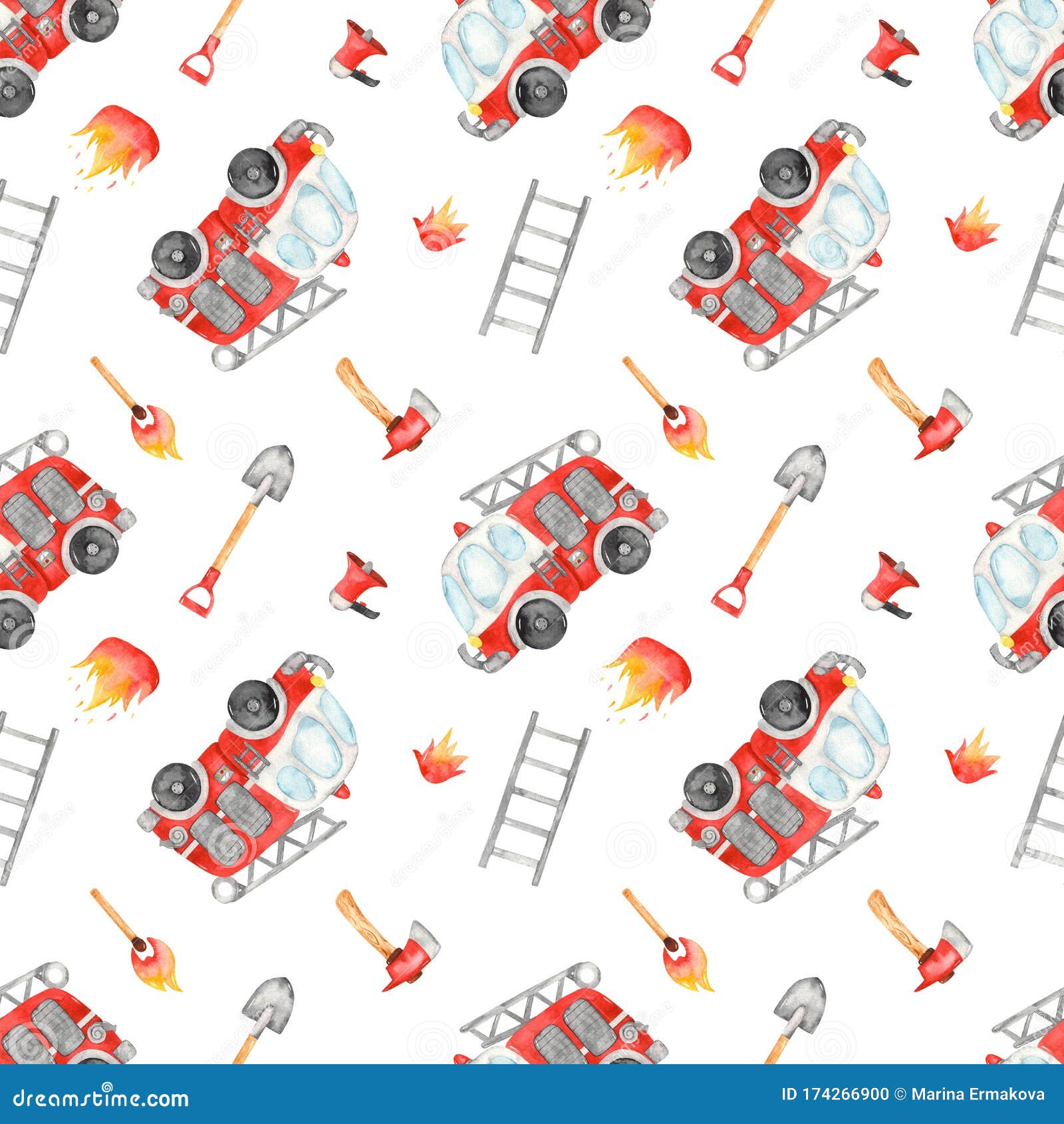 Watercolor Seamless Pattern With Fire Engine And Fire Equipment On A ...