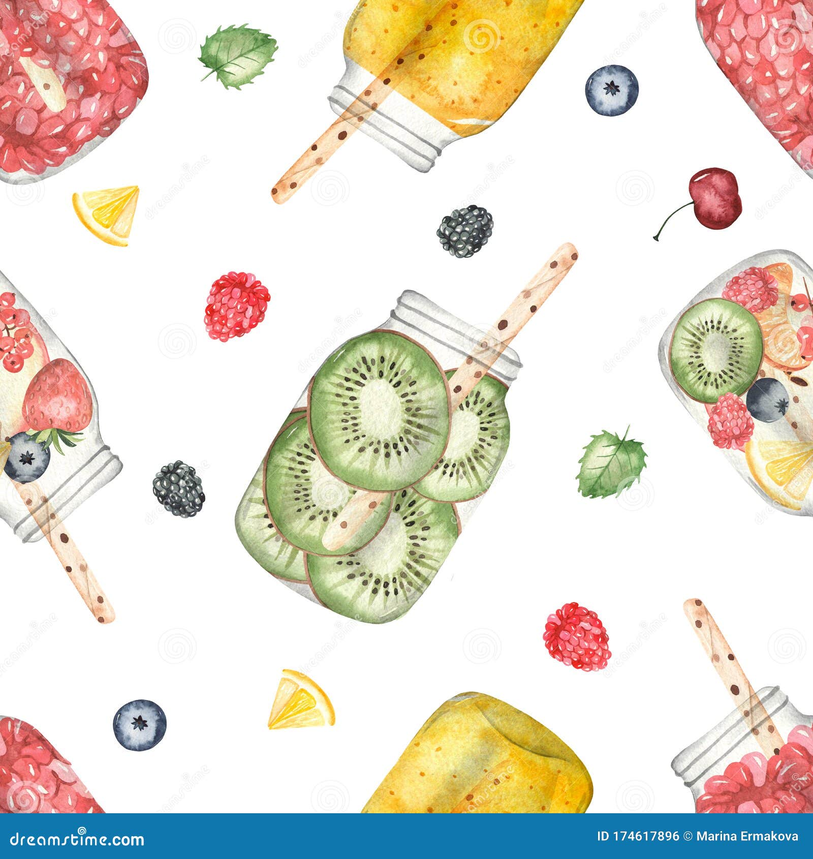 Watercolor Seamless Pattern with Fruit and Smoothie in a Glass on a ...