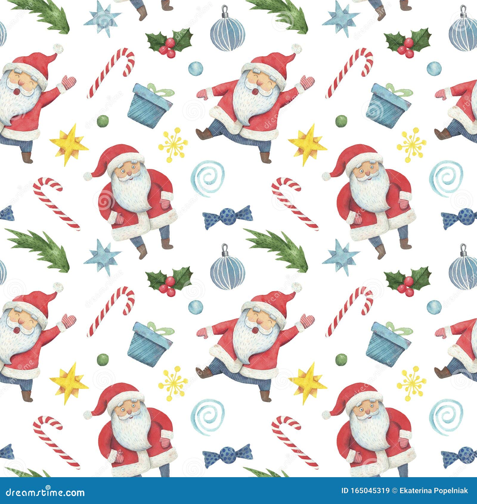Watercolor Seamless Pattern with Funny Santa Claus. the Texture on ...