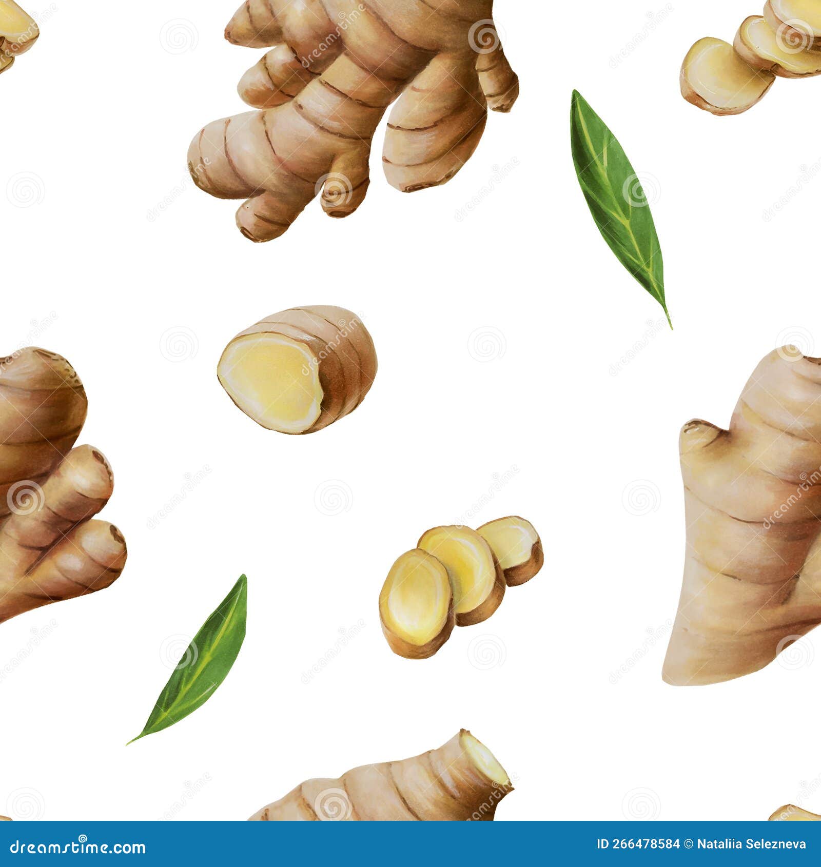 Watercolor Seamless Pattern with Ginger. Includes Ginger Root and Leafs ...