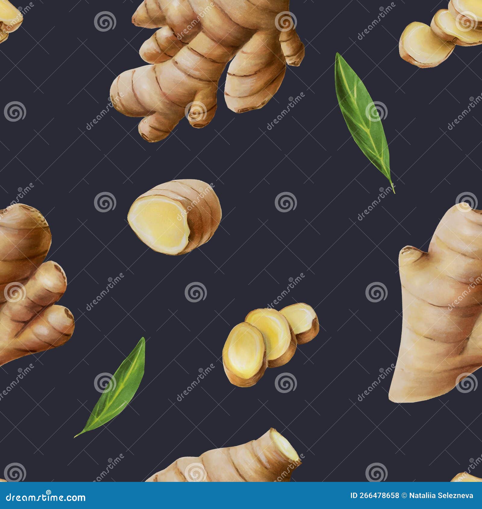 Watercolor Seamless Pattern with Ginger. Includes Ginger Root and Leafs ...