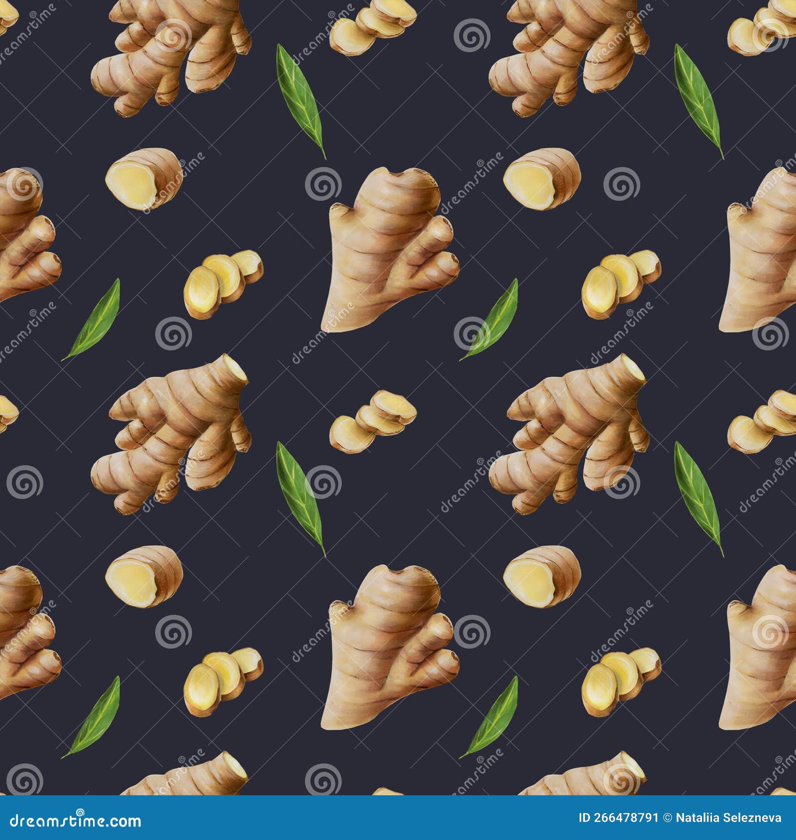 Watercolor Seamless Pattern with Ginger. Includes Ginger Root and Leafs ...