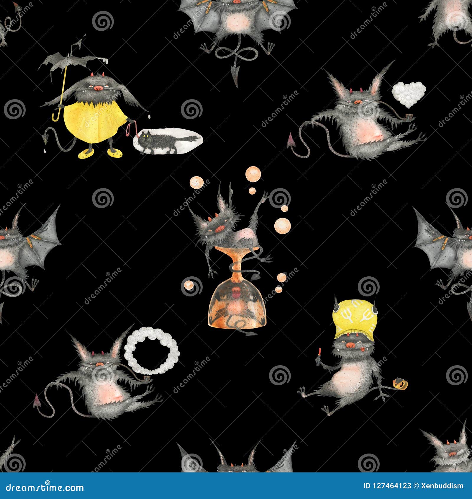 Halloween Devils Watercolor Seamless Pattern Stock Illustration ...