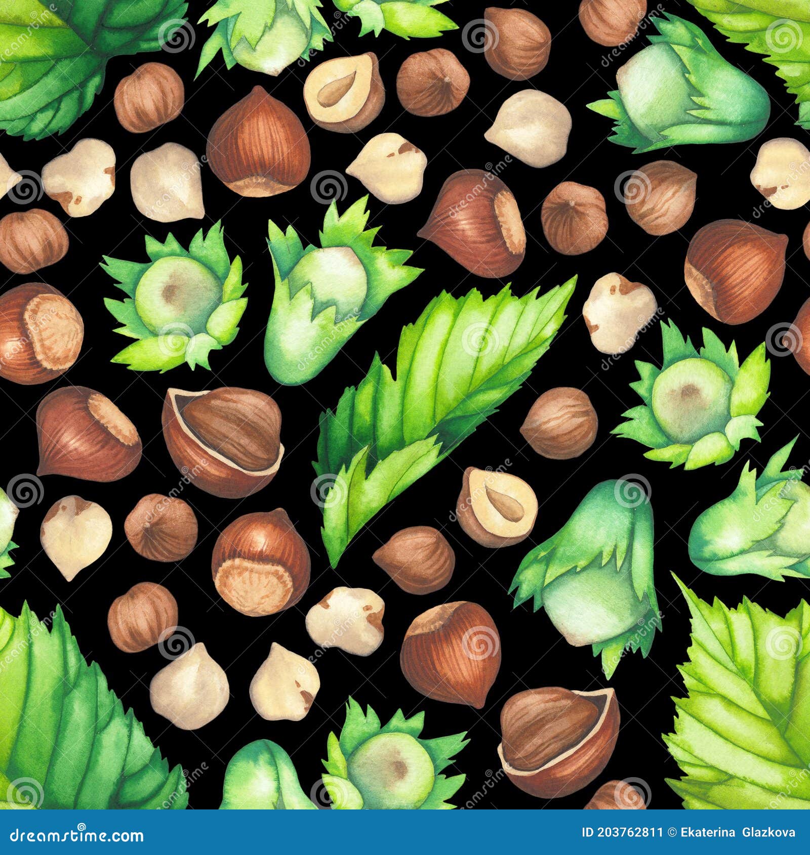 Watercolor Seamless Pattern of Hazelnut Leaves and Nuts. Stock ...