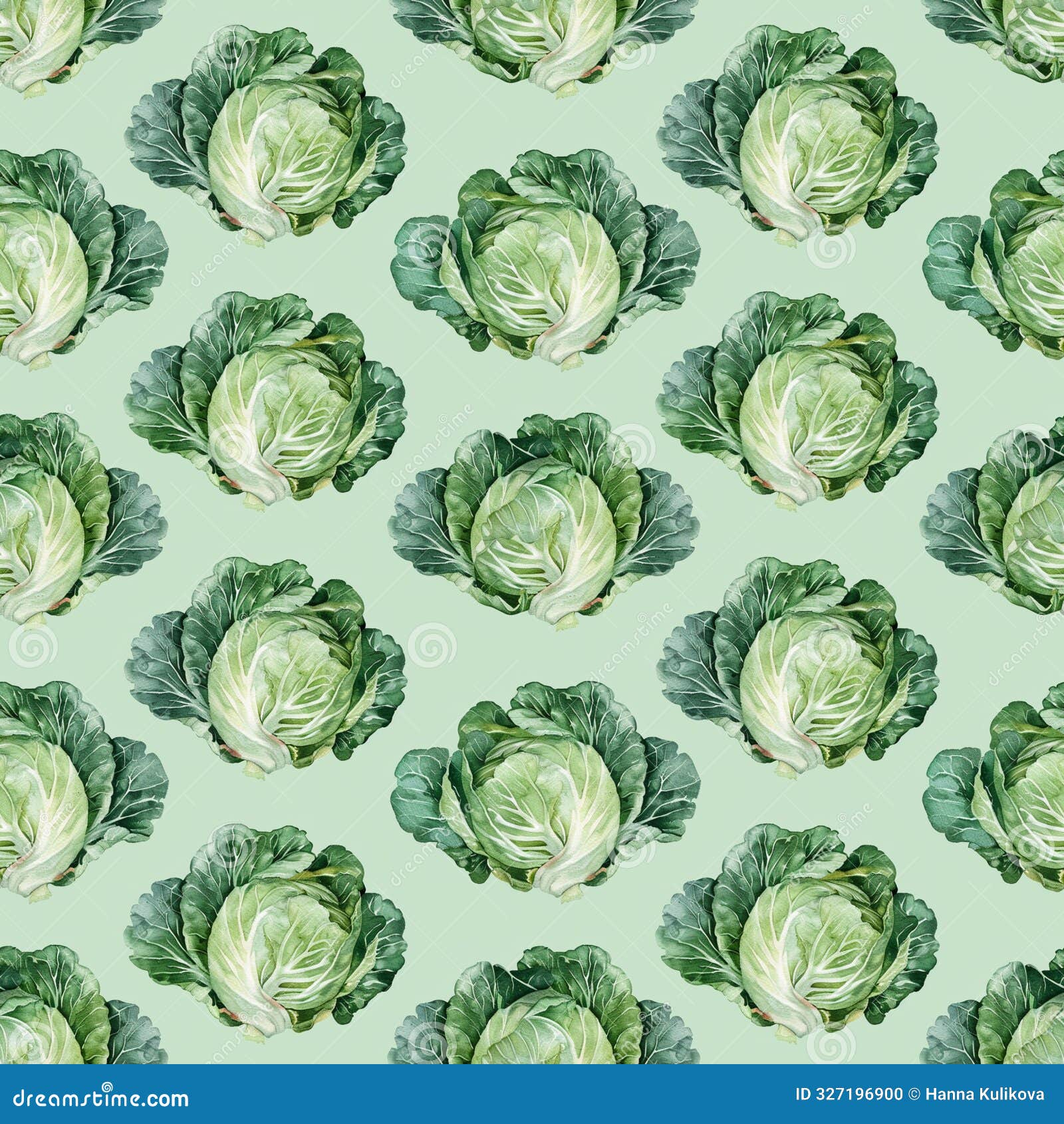 Watercolor Seamless Pattern with Heads of Cabbage on Green Background ...