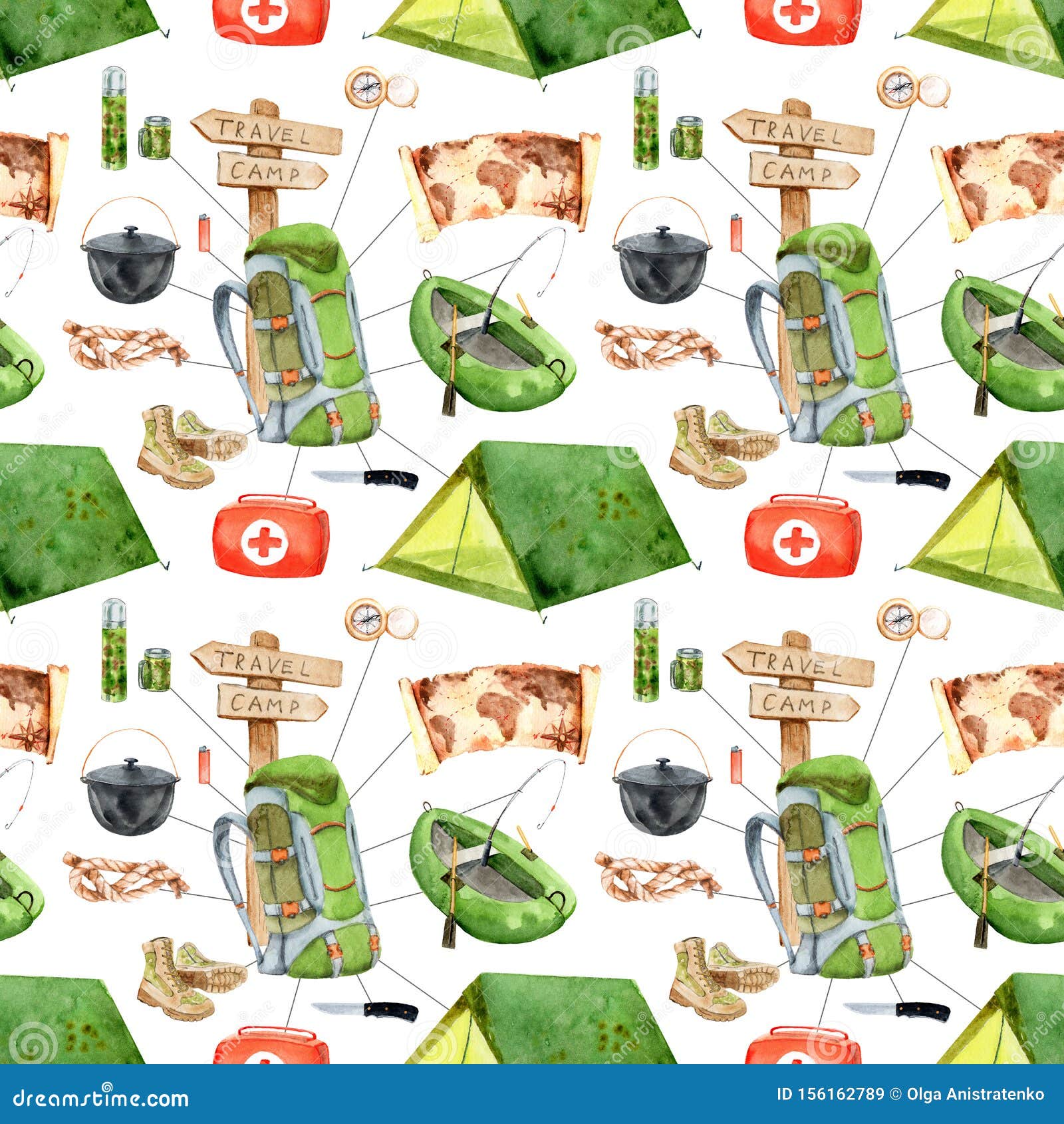 Watercolor Seamless Pattern - Hiking in the Forest, Camping Stock ...