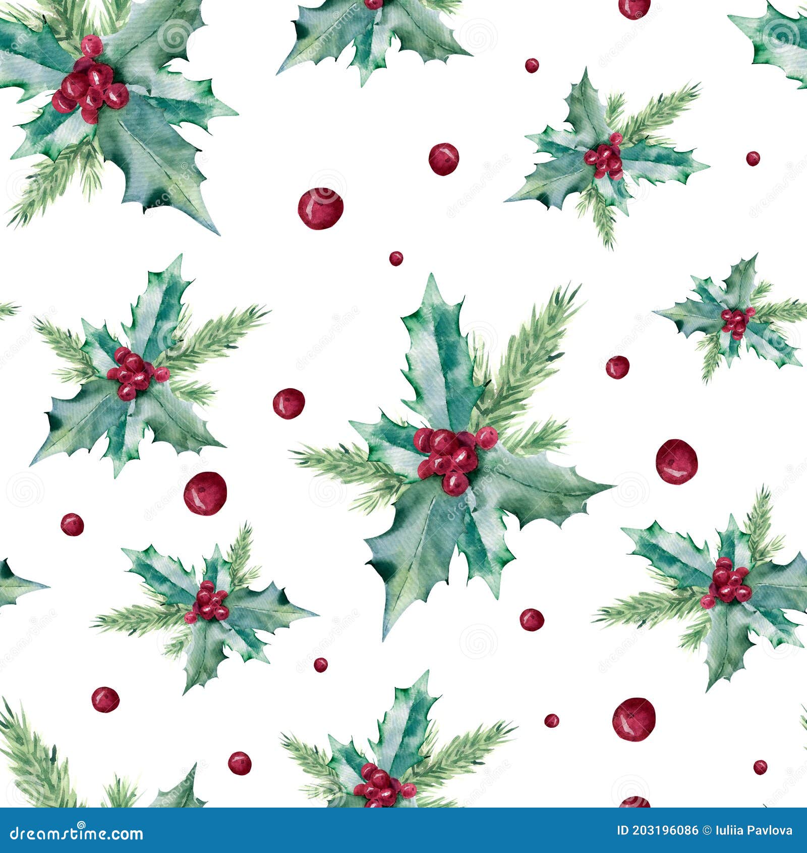 Watercolor Seamless Pattern with Holly on White Background Stock Photo ...