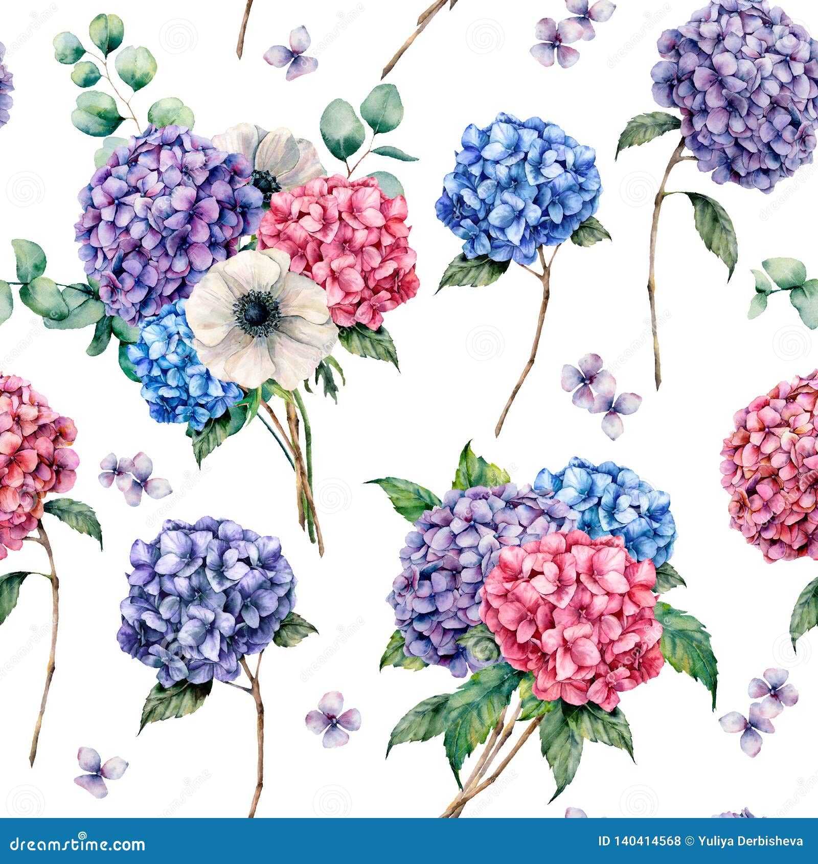 Watercolor Seamless Pattern with Hydrangea and Anemone. Hand Drawn Hydrangea, Anemone ...
