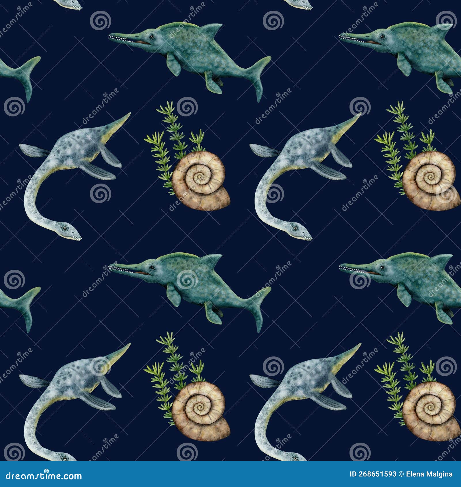Watercolor Seamless Pattern with Ichthyosaurs, Underwater Dinosaurs ...