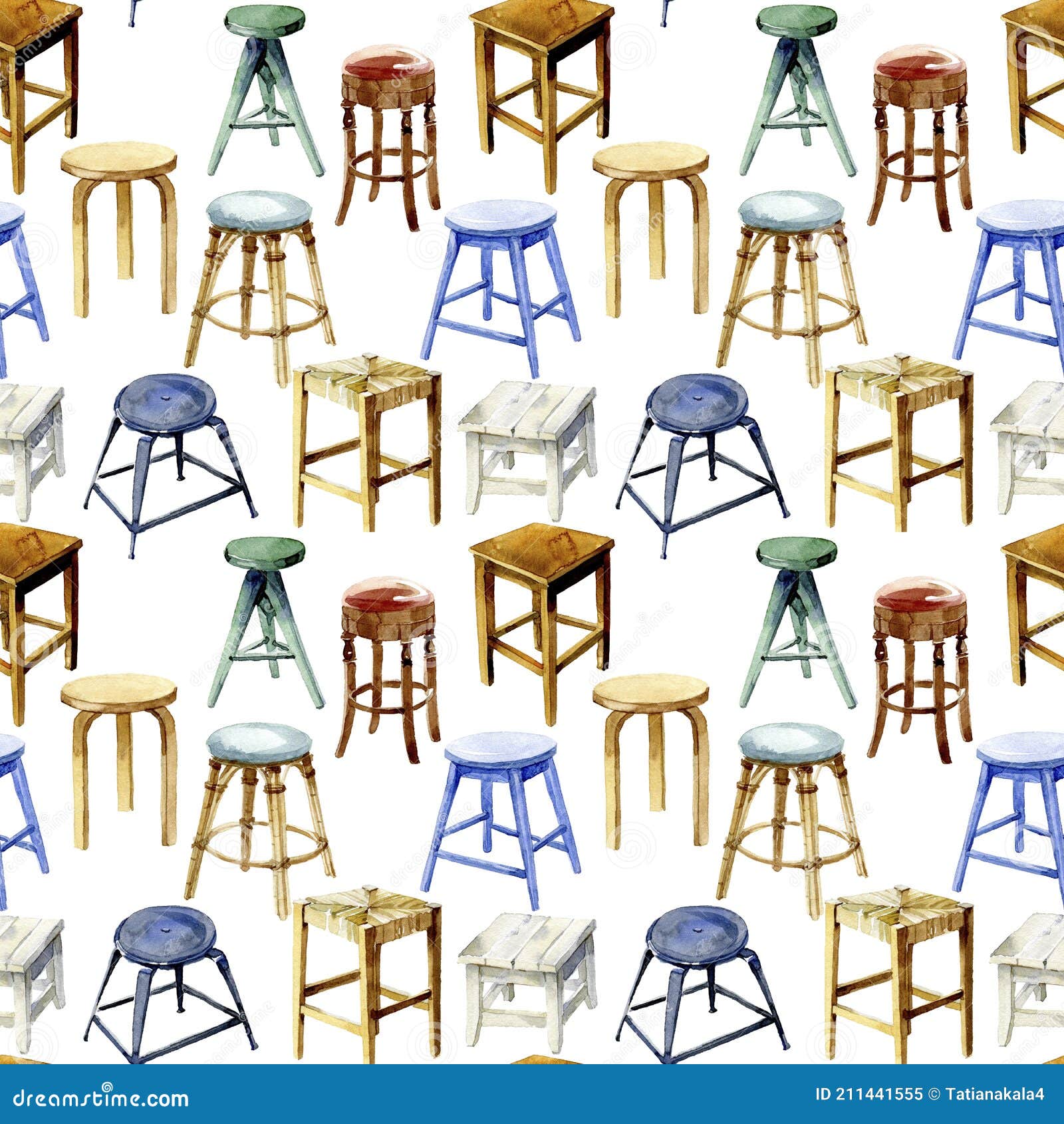 Watercolor Kitchen and Bar Backless Stools Seamless Pattern. . Stock ...