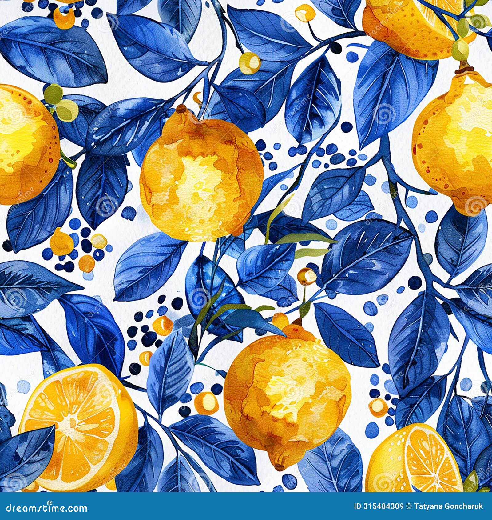 Watercolor Seamless Pattern with Lemons and Blue Patterns. Vintage ...