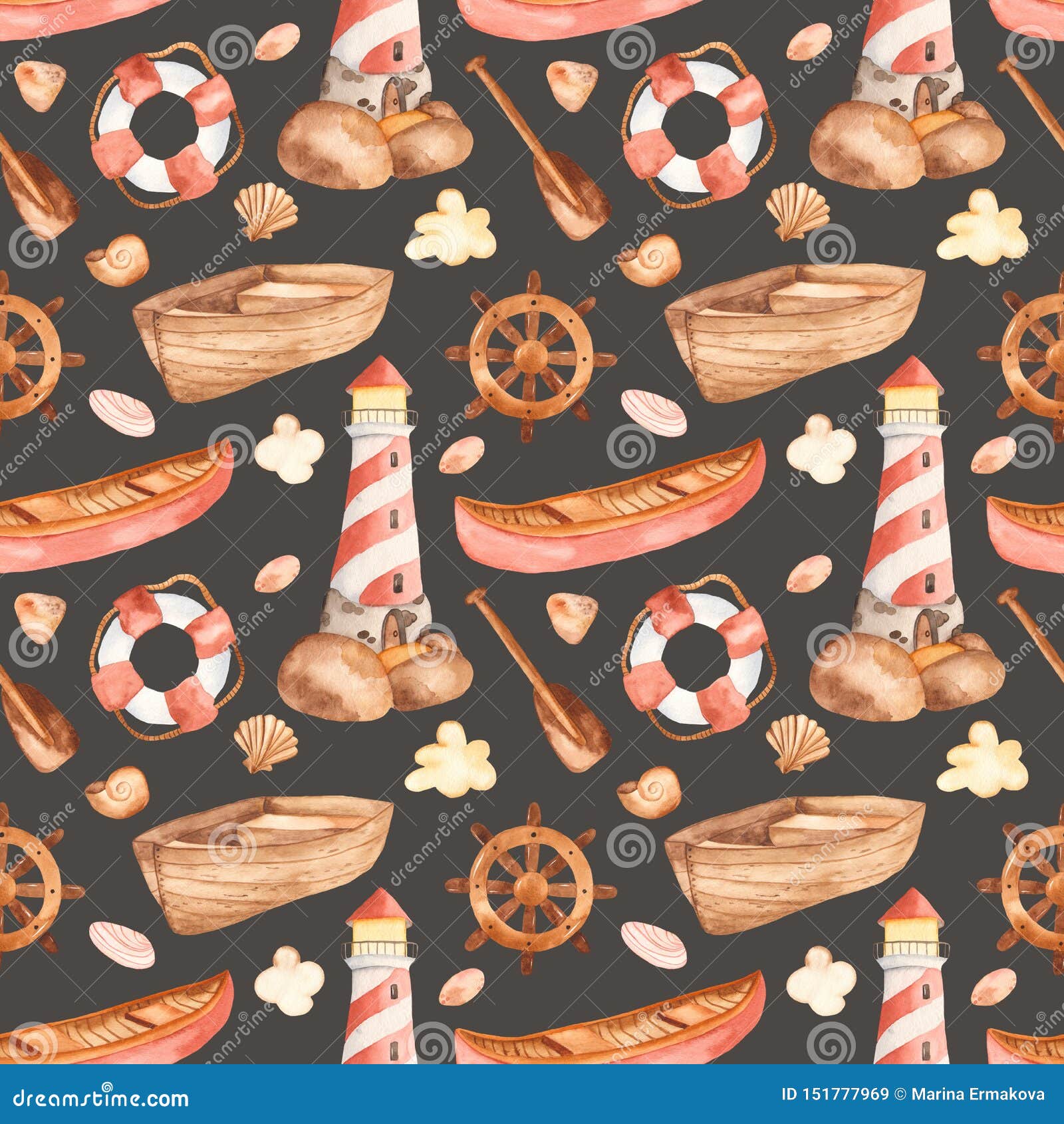 Watercolor Seamless Pattern with Lighthouse, Paddle, Boat. Stock ...