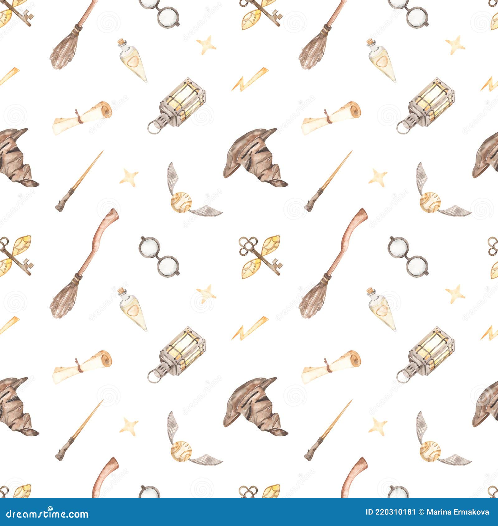 Watercolor Seamless Pattern with Magic Objects, Hat, Broom, Glasses ...