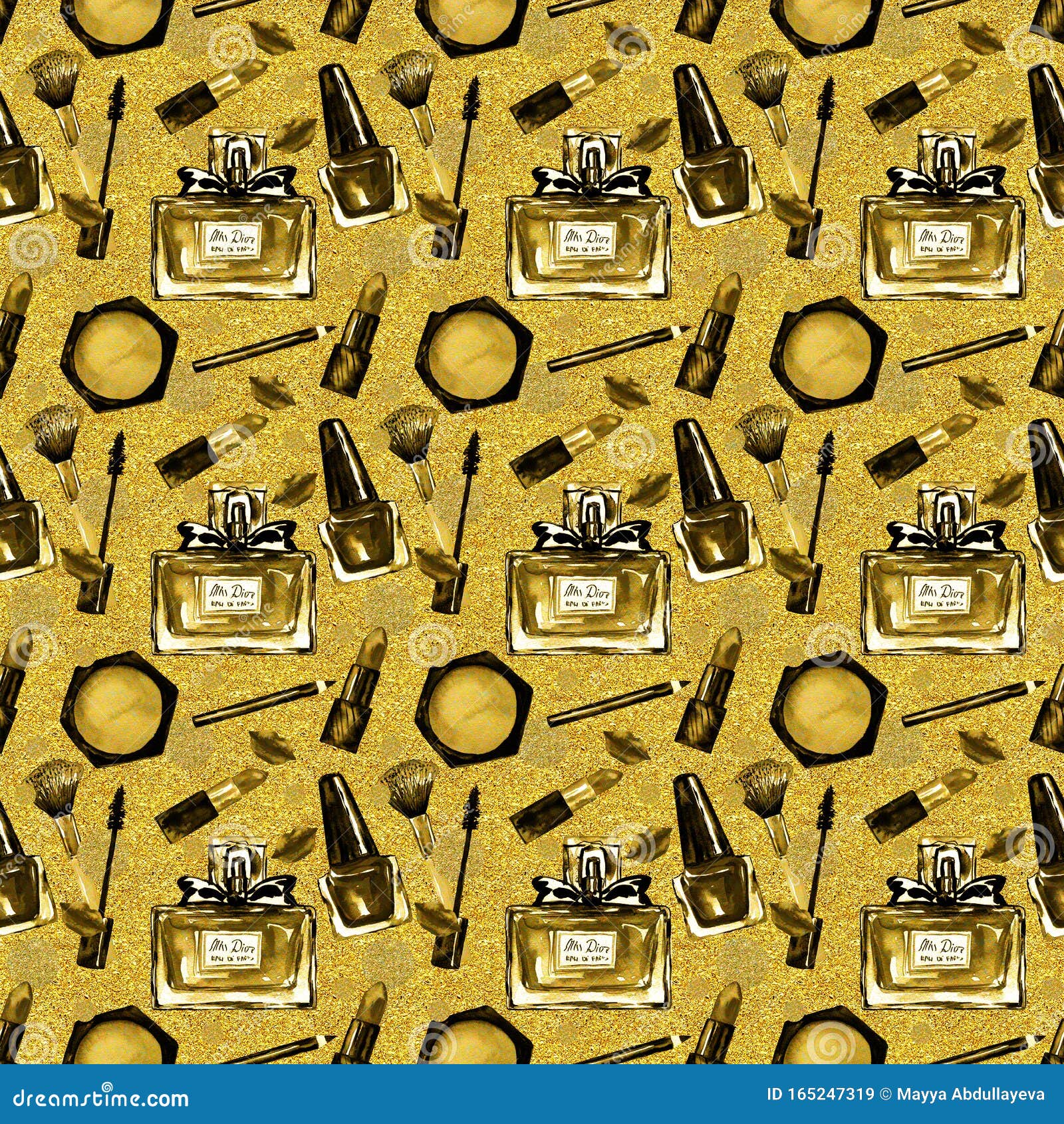 Watercolor Seamless Pattern with Make-up Elements and Parfume Stock ...