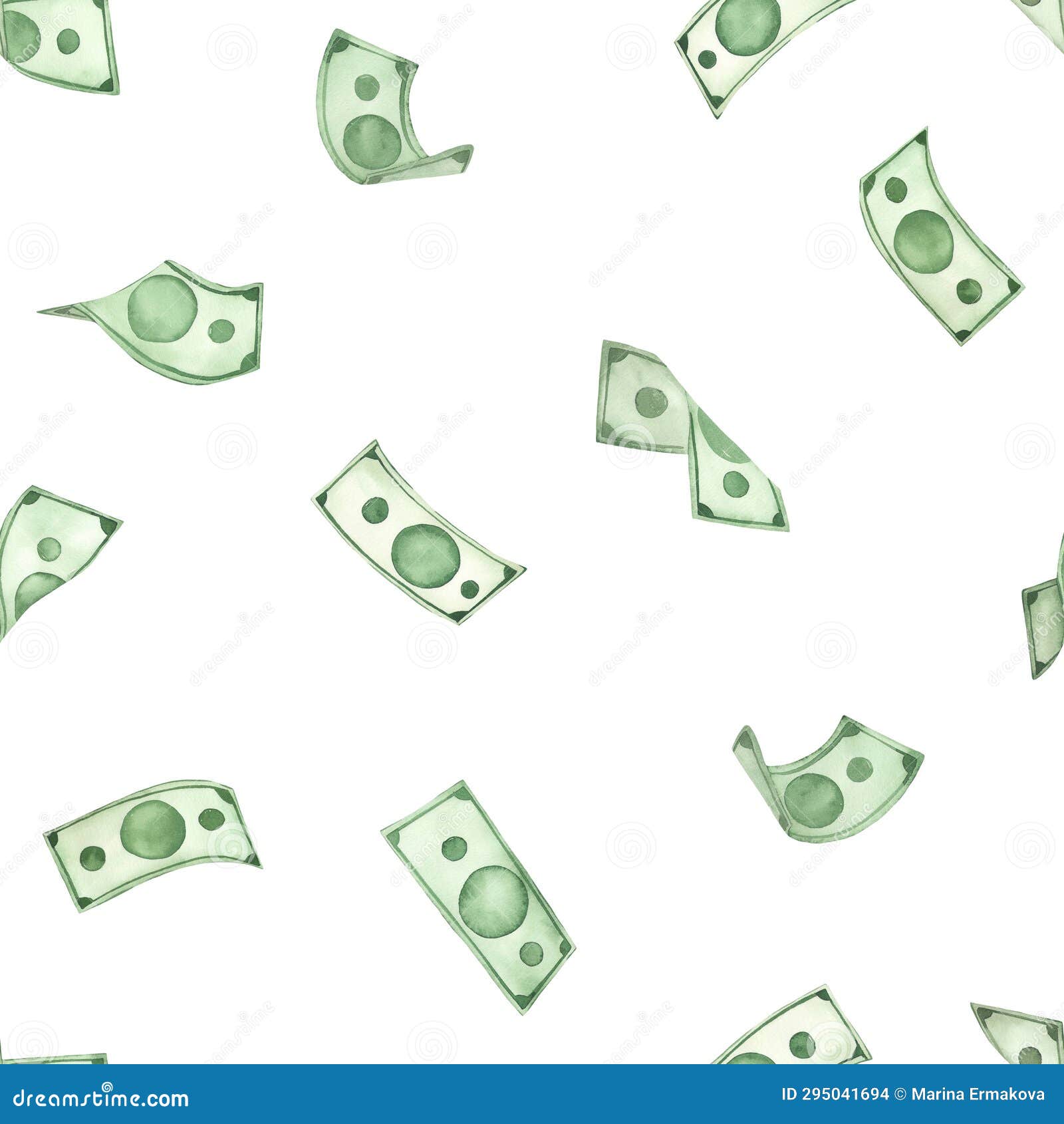 Watercolor Seamless Pattern with Money, Dollars, Green Bills, Falling ...