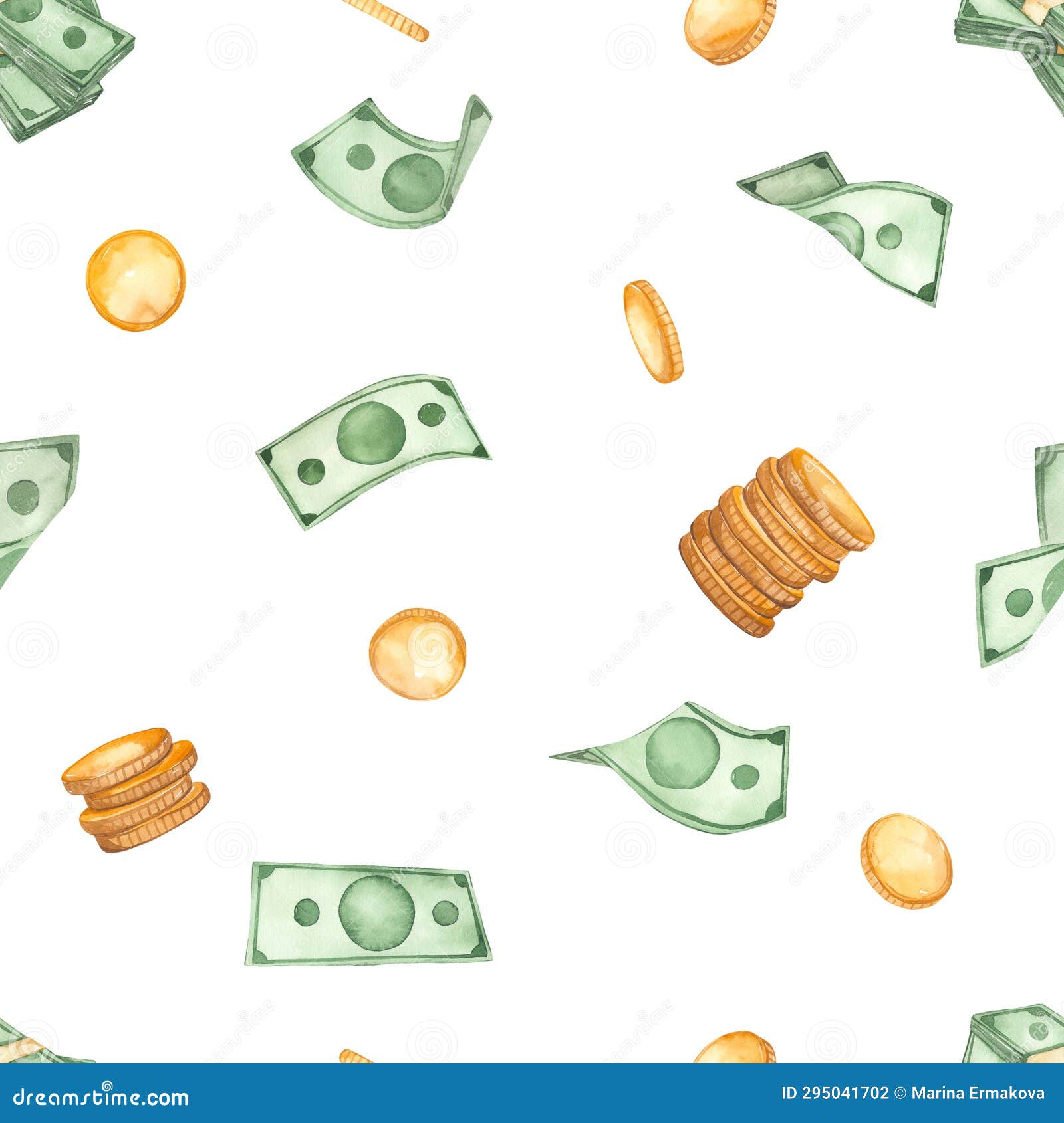 Watercolor Seamless Pattern with Money, Gold Coins, Dollars, Falling ...