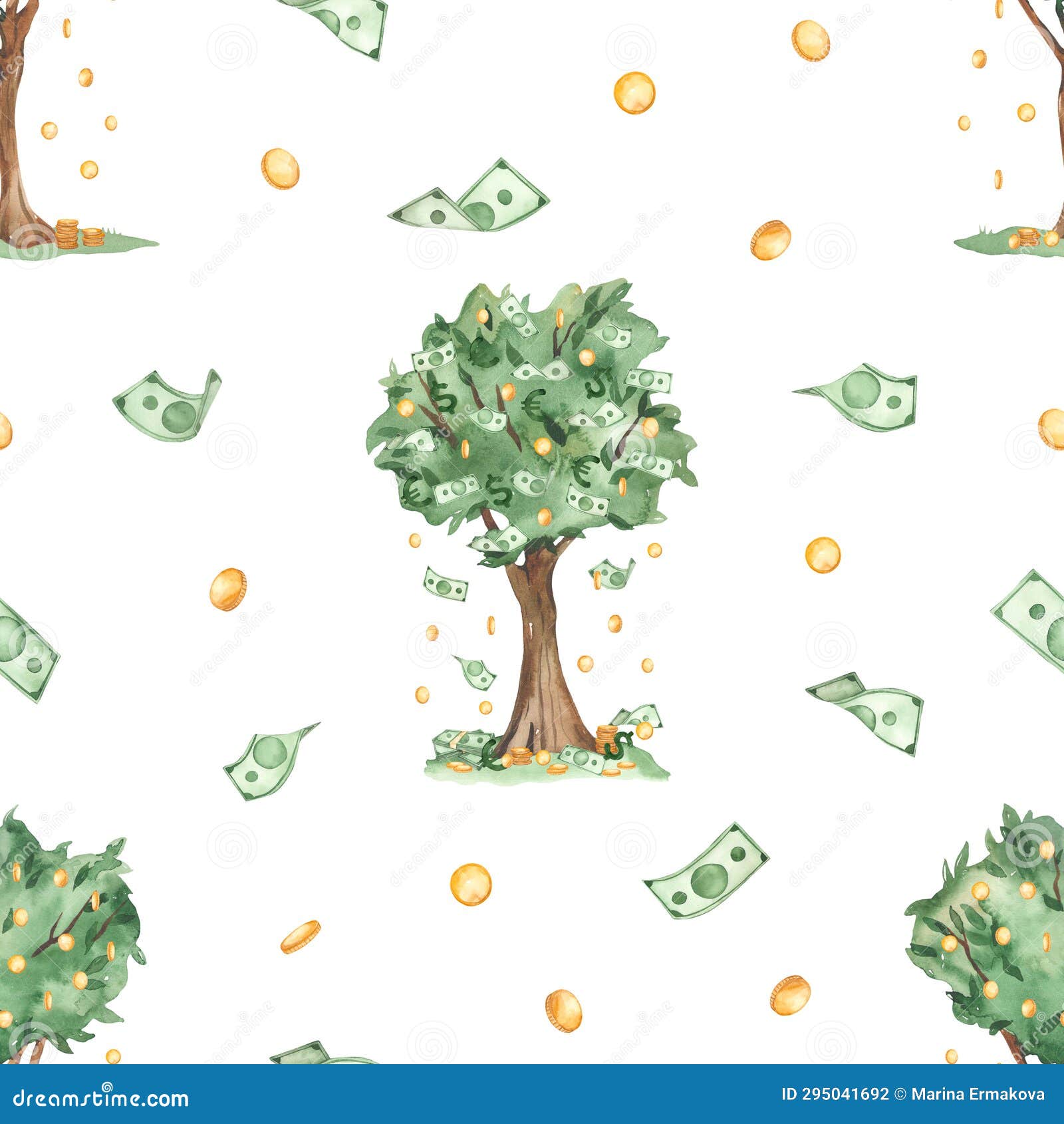 Watercolor Seamless Pattern with Money Tree, Money, Gold Coins, Dollars ...
