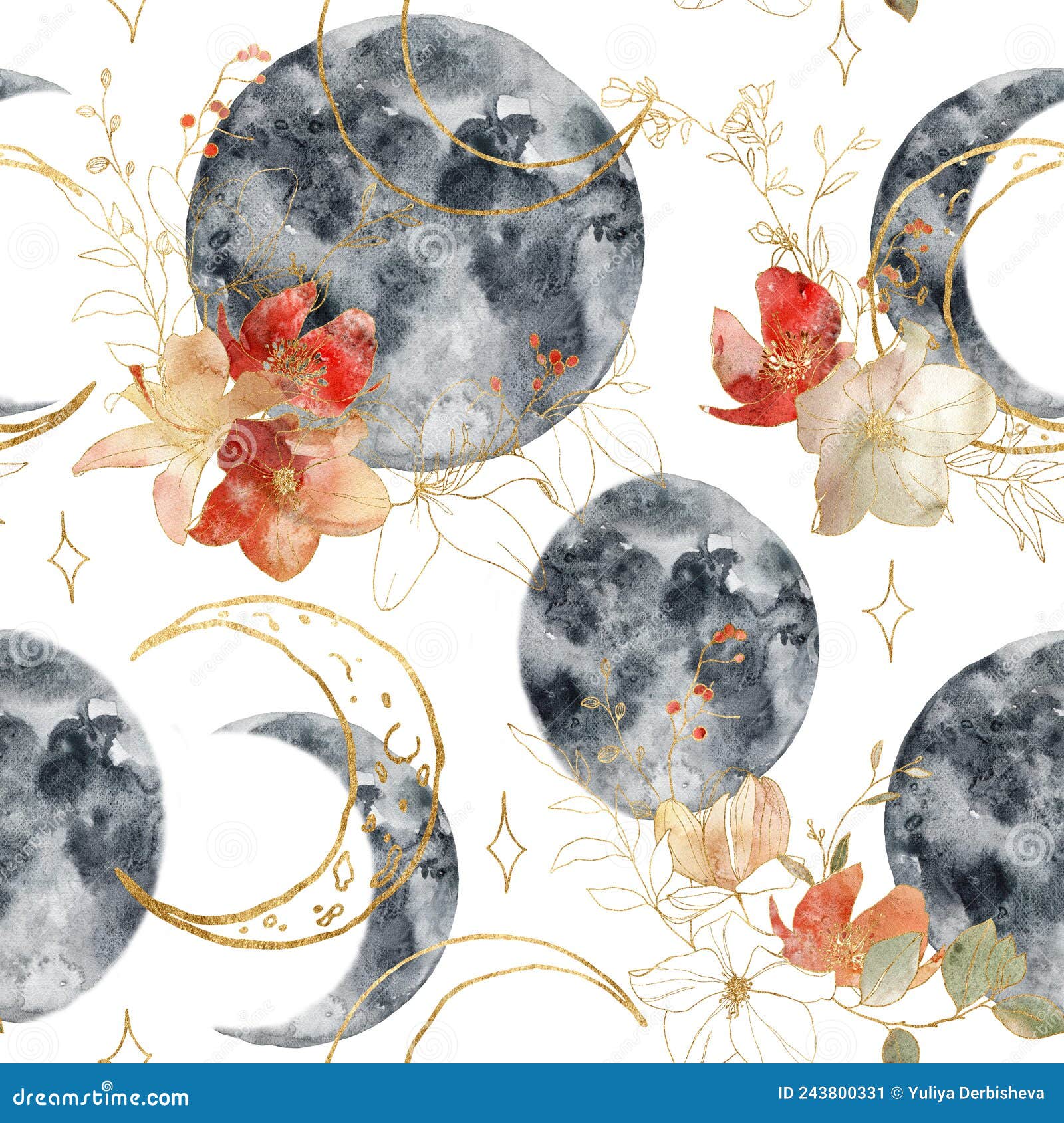 Watercolor Seamless Pattern of Moon and Flowers Composition. Hand ...
