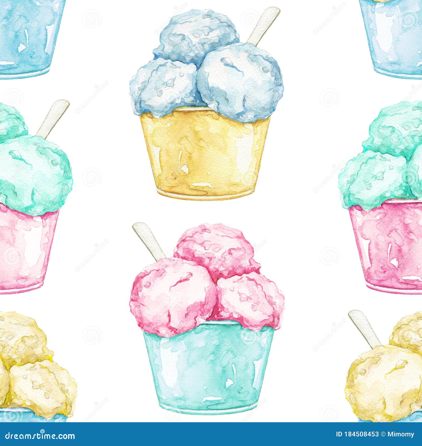 Watercolor Seamless Pattern with Multicolor Ice Cream in Cup Stock ...