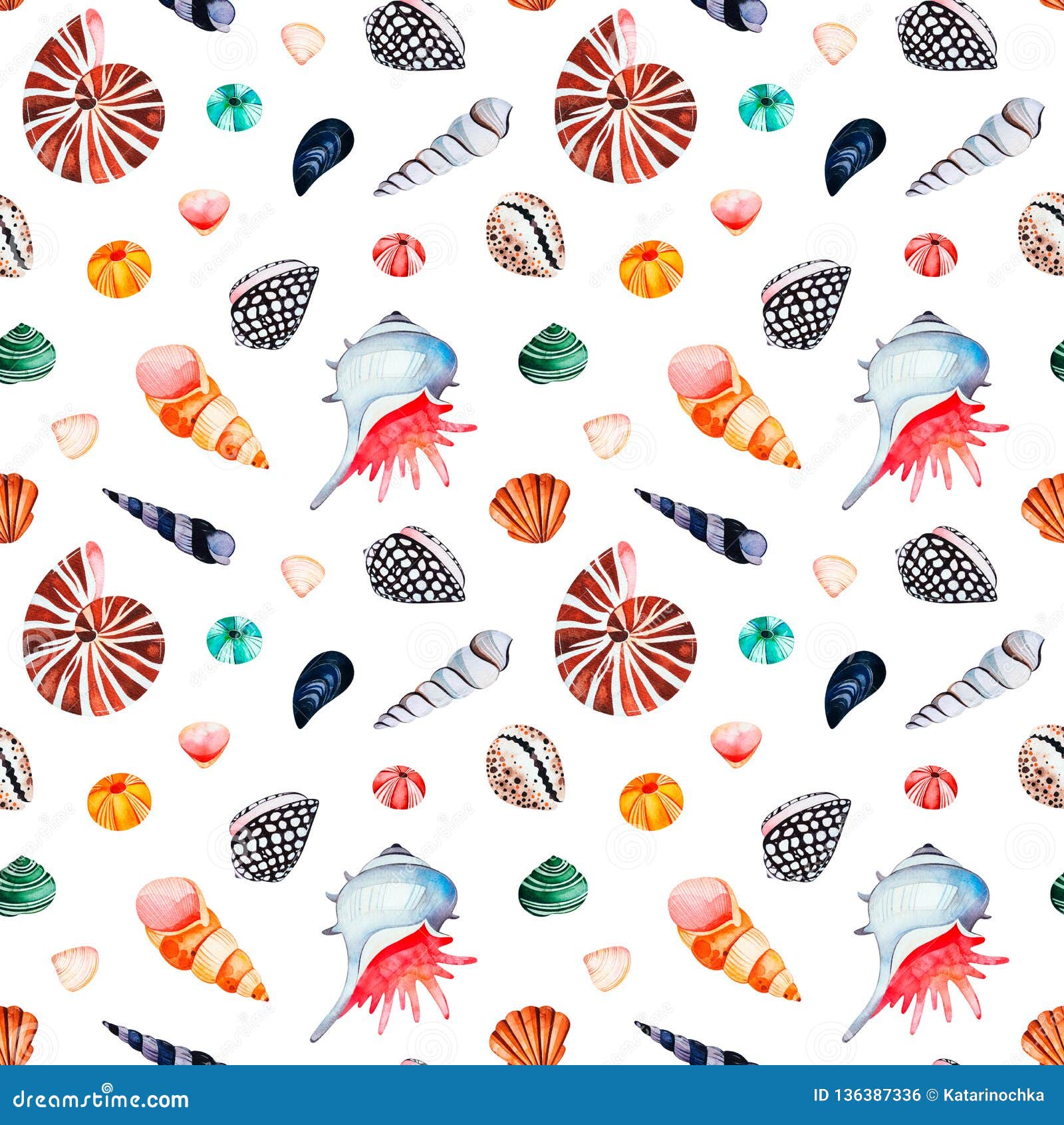 Watercolor Seamless Pattern with Multicolored Seashells Stock ...