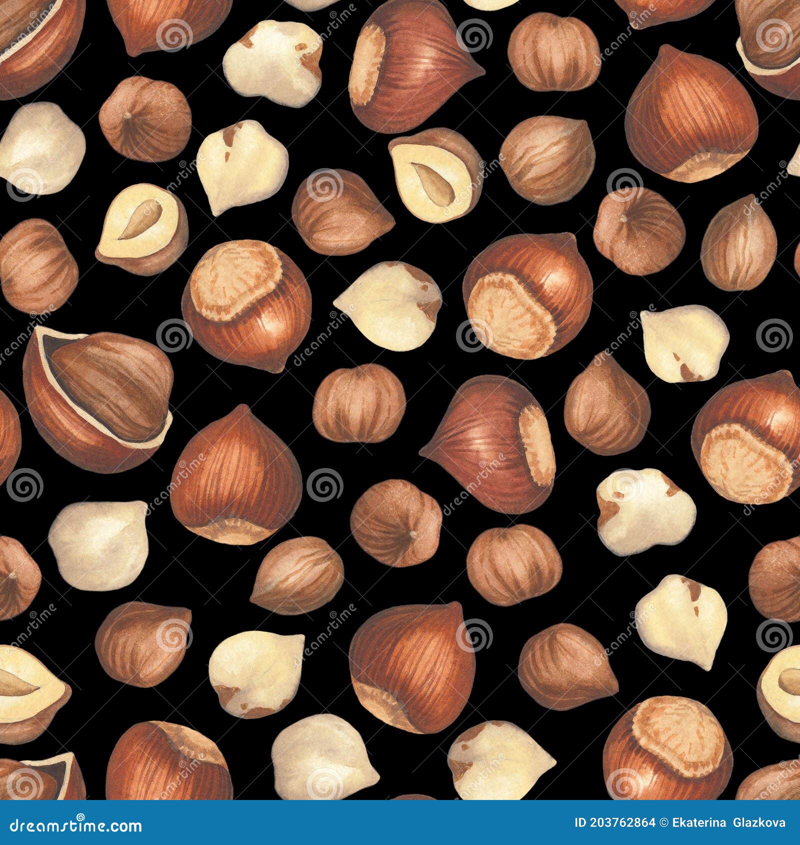 Watercolor Seamless Pattern of Opened and Closed Hazelnuts. Stock ...