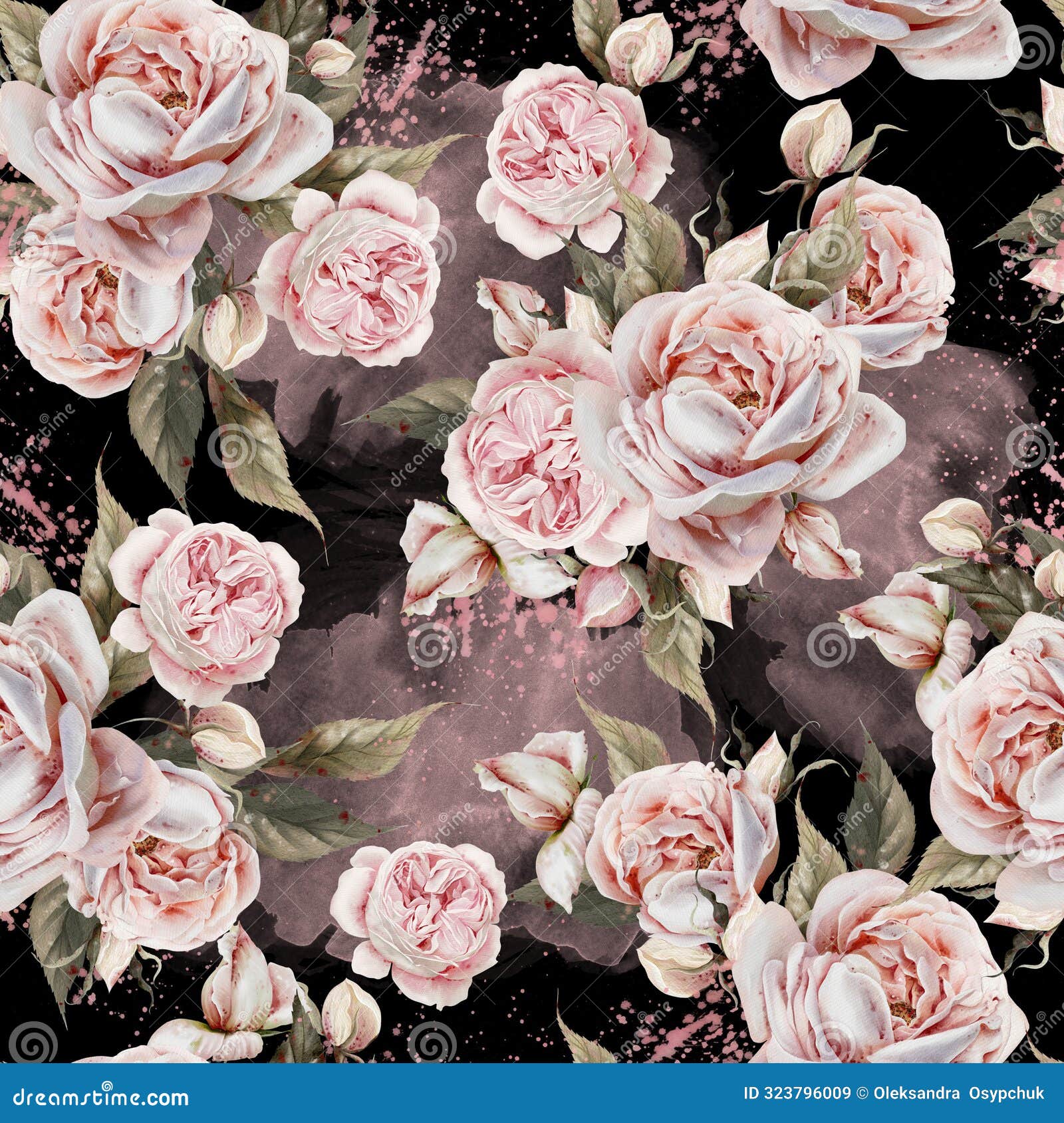 Watercolor Seamless Pattern with Pink Roses and Leaves Stock ...