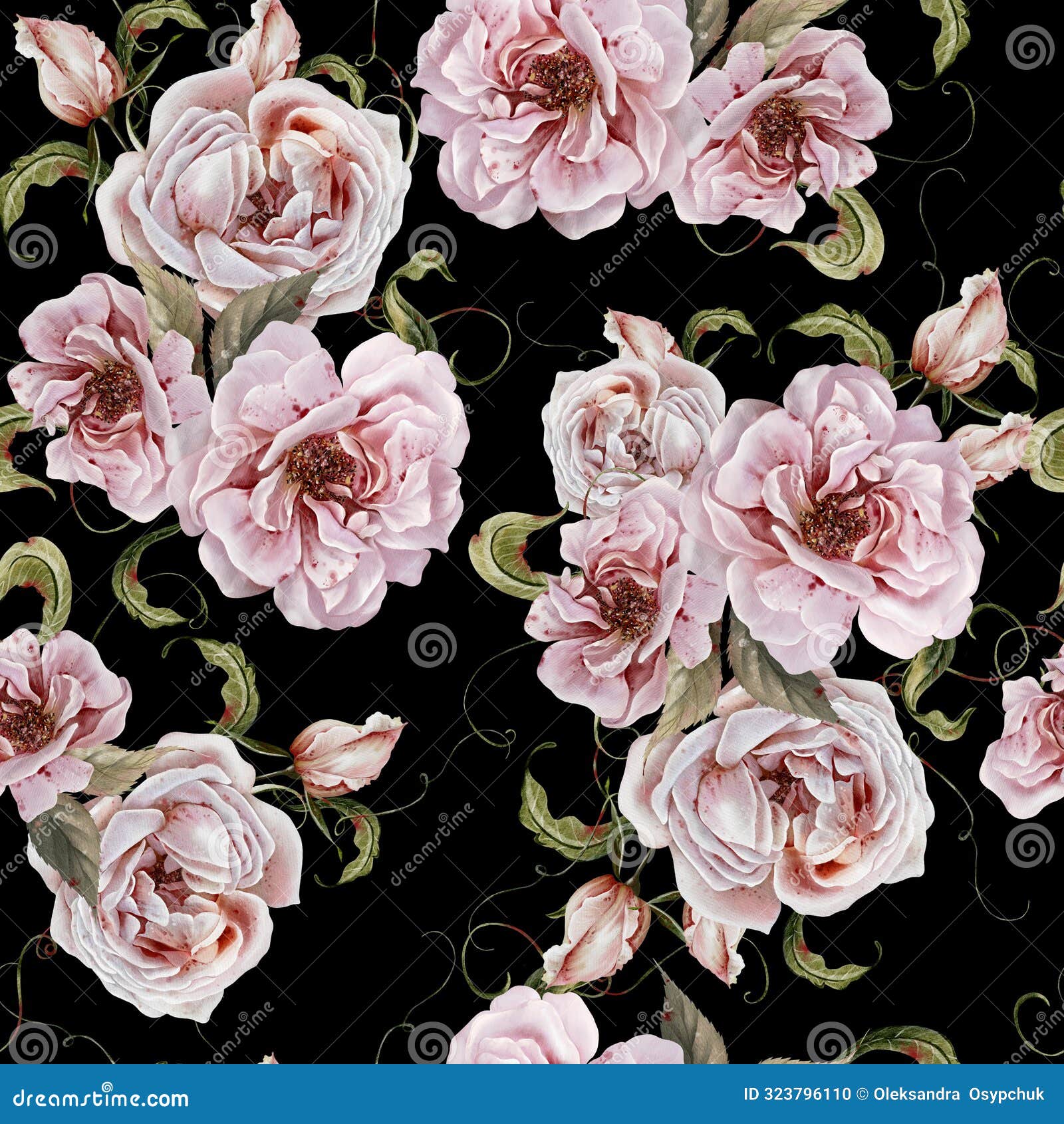 Watercolor Seamless Pattern with Pink Roses and Leaves Stock ...