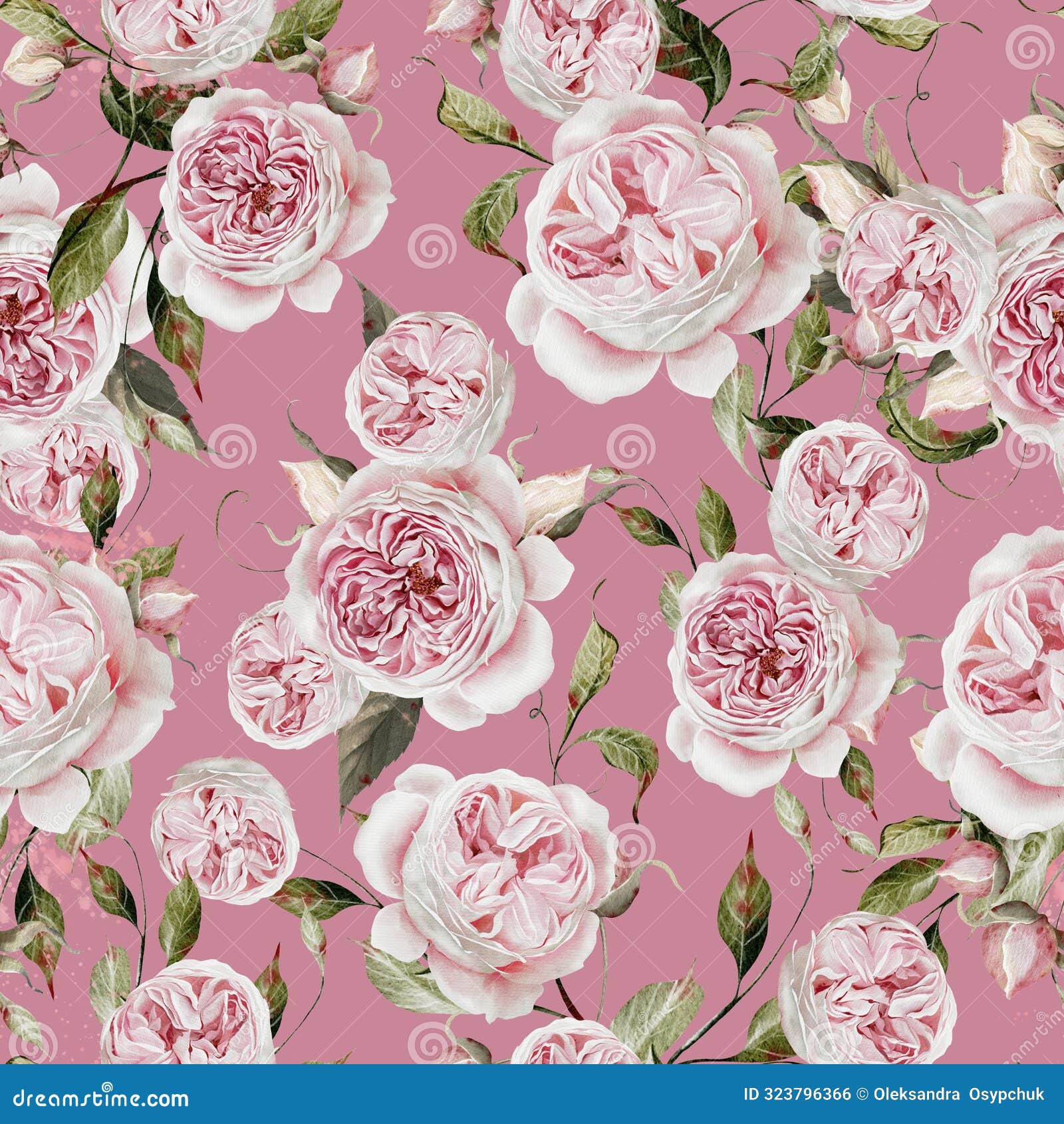 Watercolor Seamless Pattern with Pink Roses and Leaves Stock ...