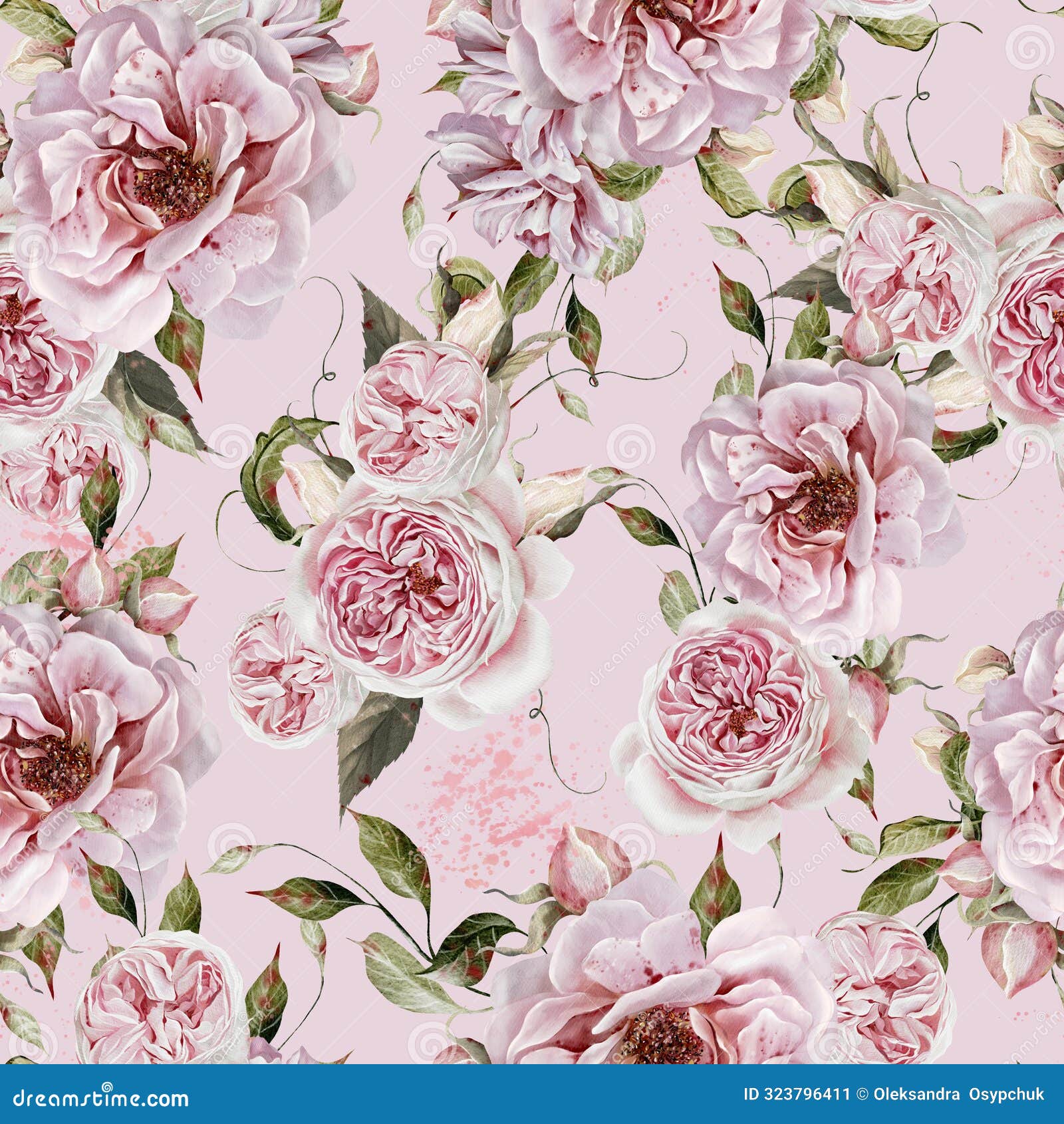 Watercolor Seamless Pattern with Pink Roses and Leaves Stock ...