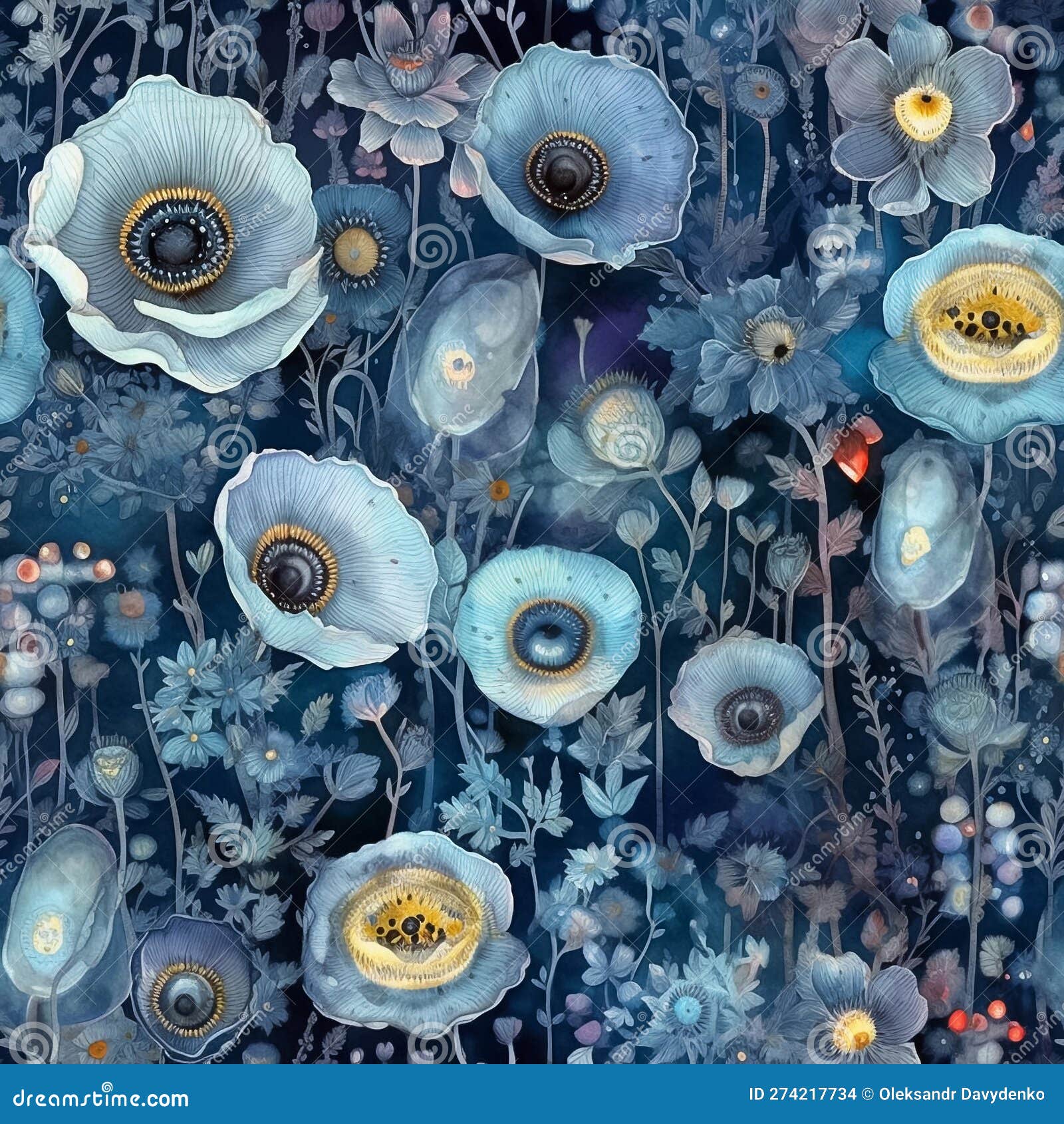 Watercolor Seamless Pattern with Poppies in Blue Tones. Texture Design ...