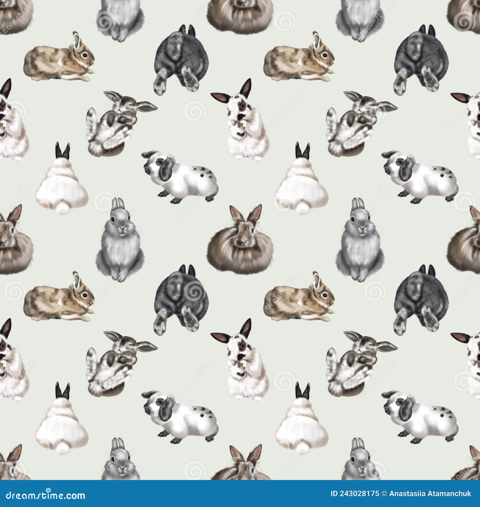 Watercolor Seamless Pattern with Rabbits. Realistic Bunnies Digital ...